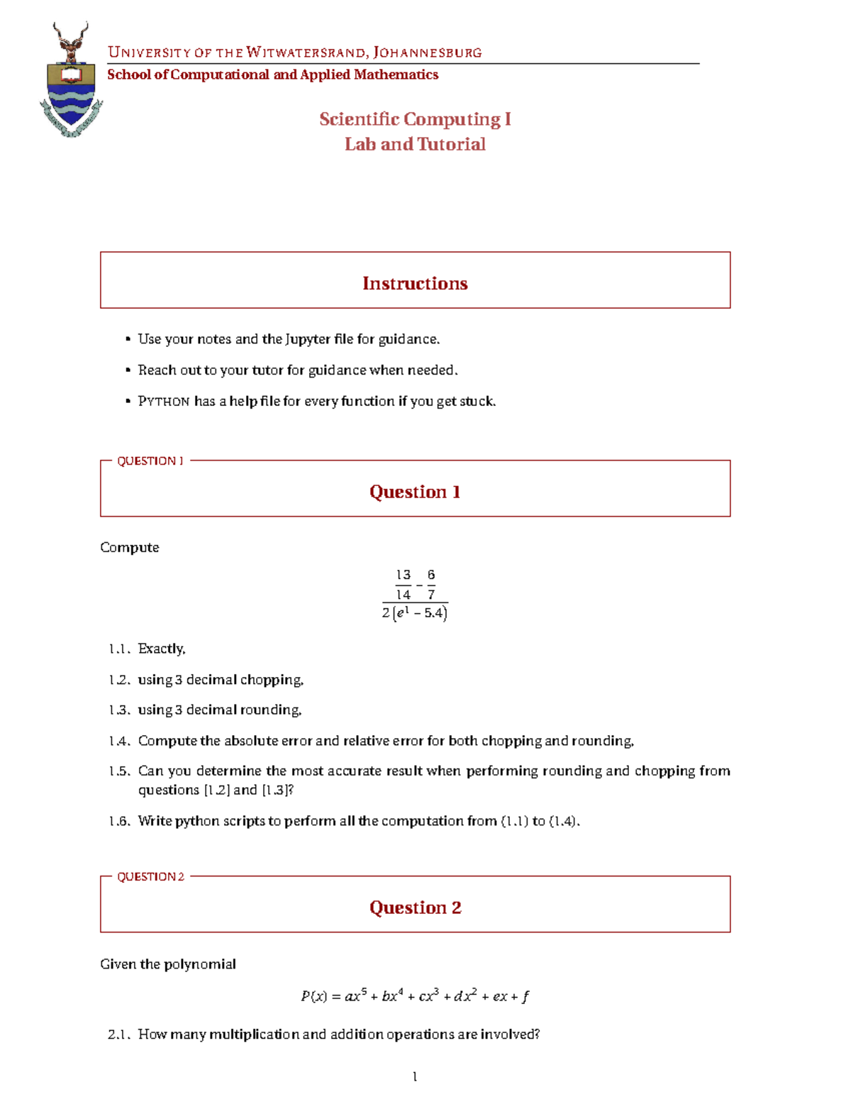Error and error analysis lab - UNIVERSITY OF THE WITWATERSRAND ...