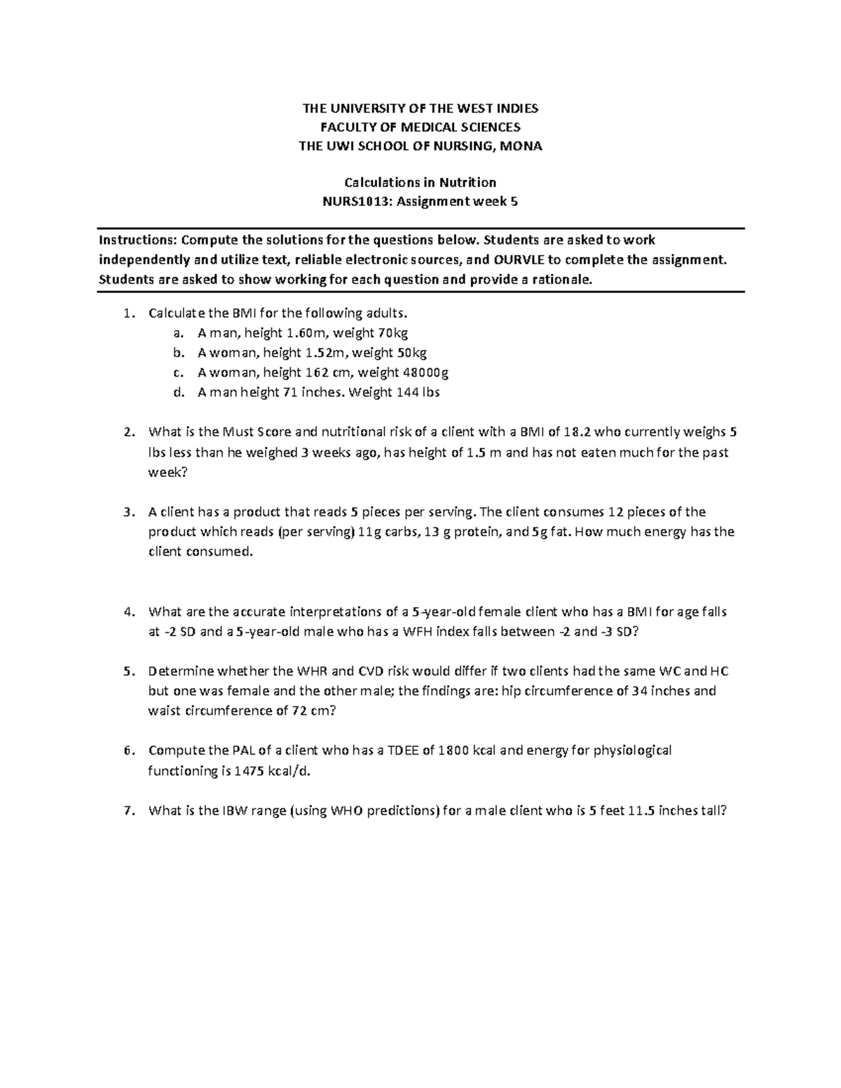 NURS1013- assignments#5 - THE UNIVERSITY OF THE WEST INDIES FACULTY OF MEDICAL SCIENCES THE UWI ...