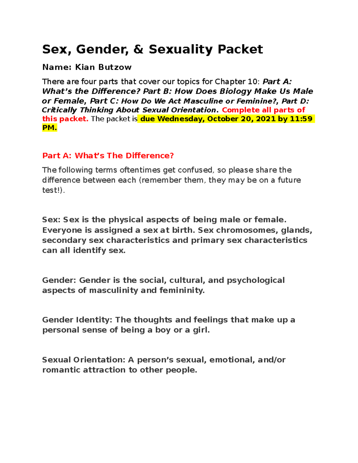 General Psychology PSY 102 Sex & Gender Packet-2 - Sex, Gender ...