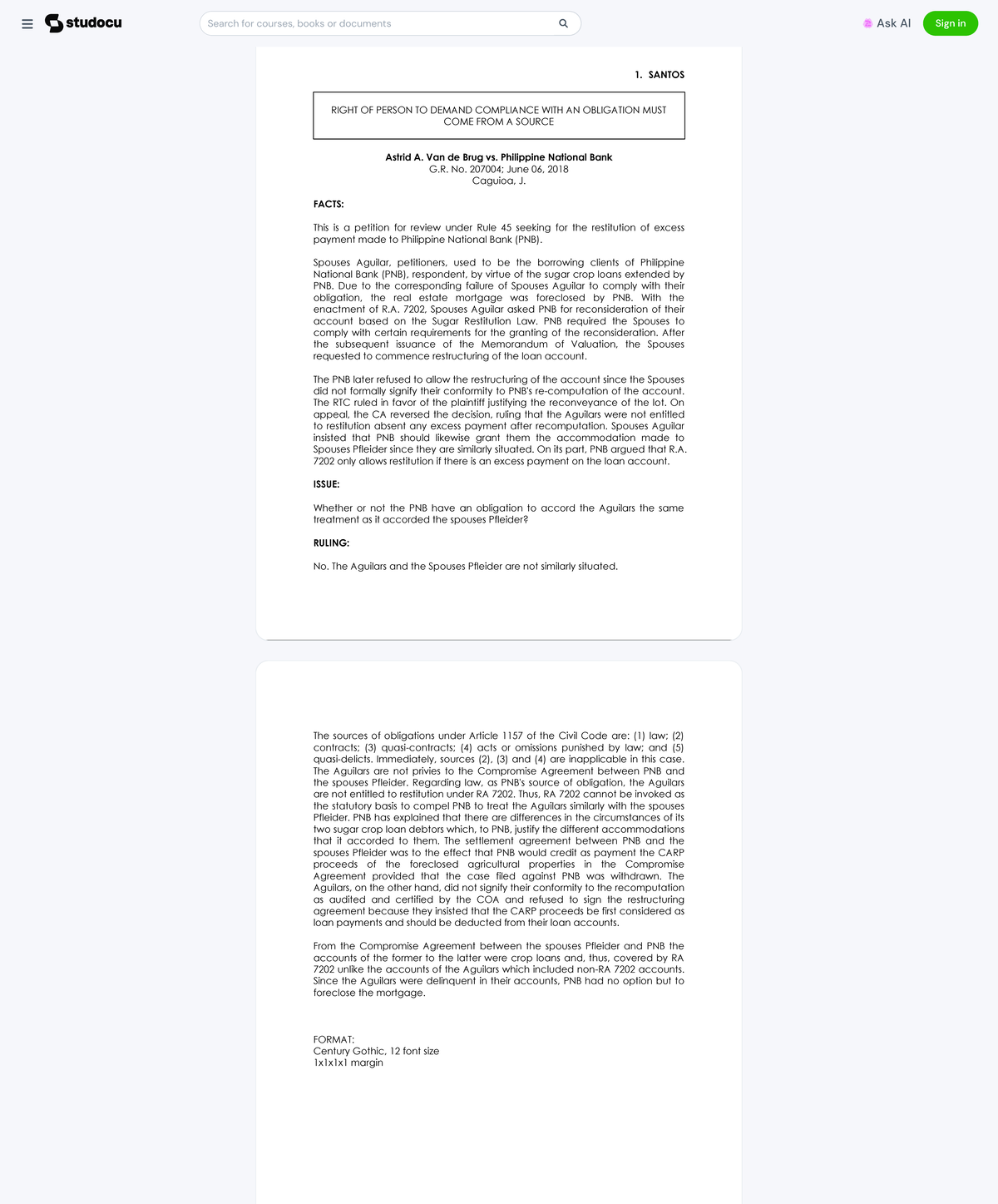 Sample CASE Digest - Lecture - 1. Santos Astrid A. Van de Brug vs ...