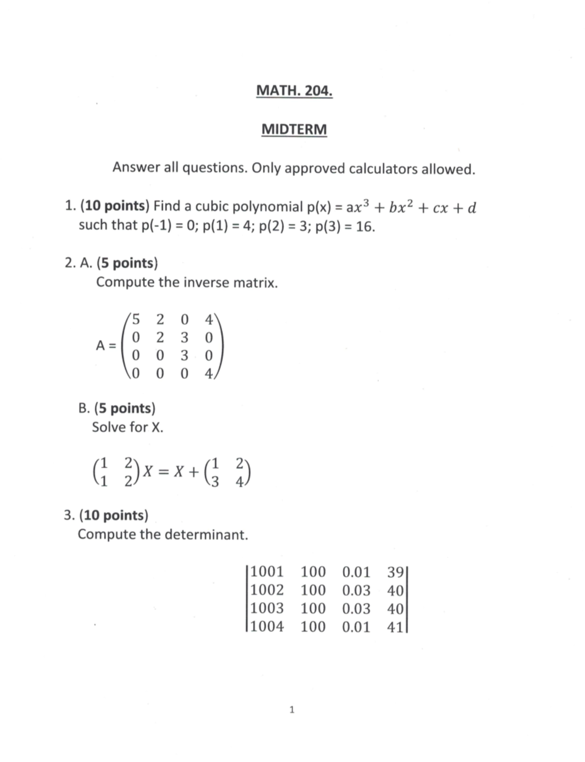 MATH204 Midterm WITH Solutions - MATH. 204. MIDTERM Answer all questions. Only approved ...