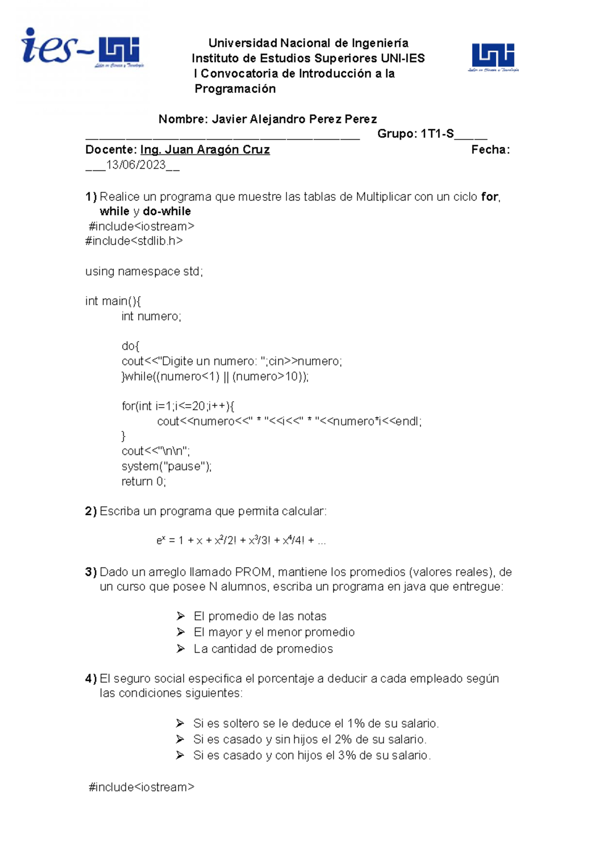 Examen convo javier - Universidad Nacional de Ingeniería Instituto de ...