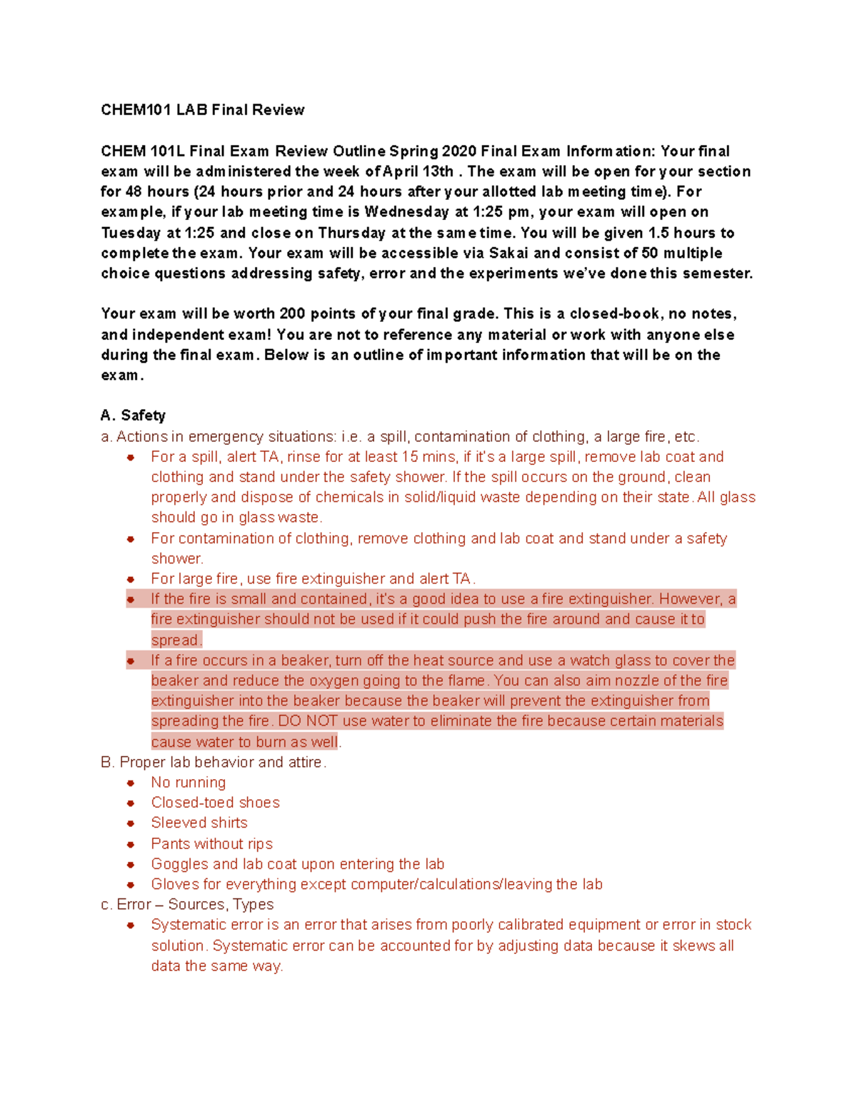 CHEM101 LAB Final Review - The exam will be open for your section for ...