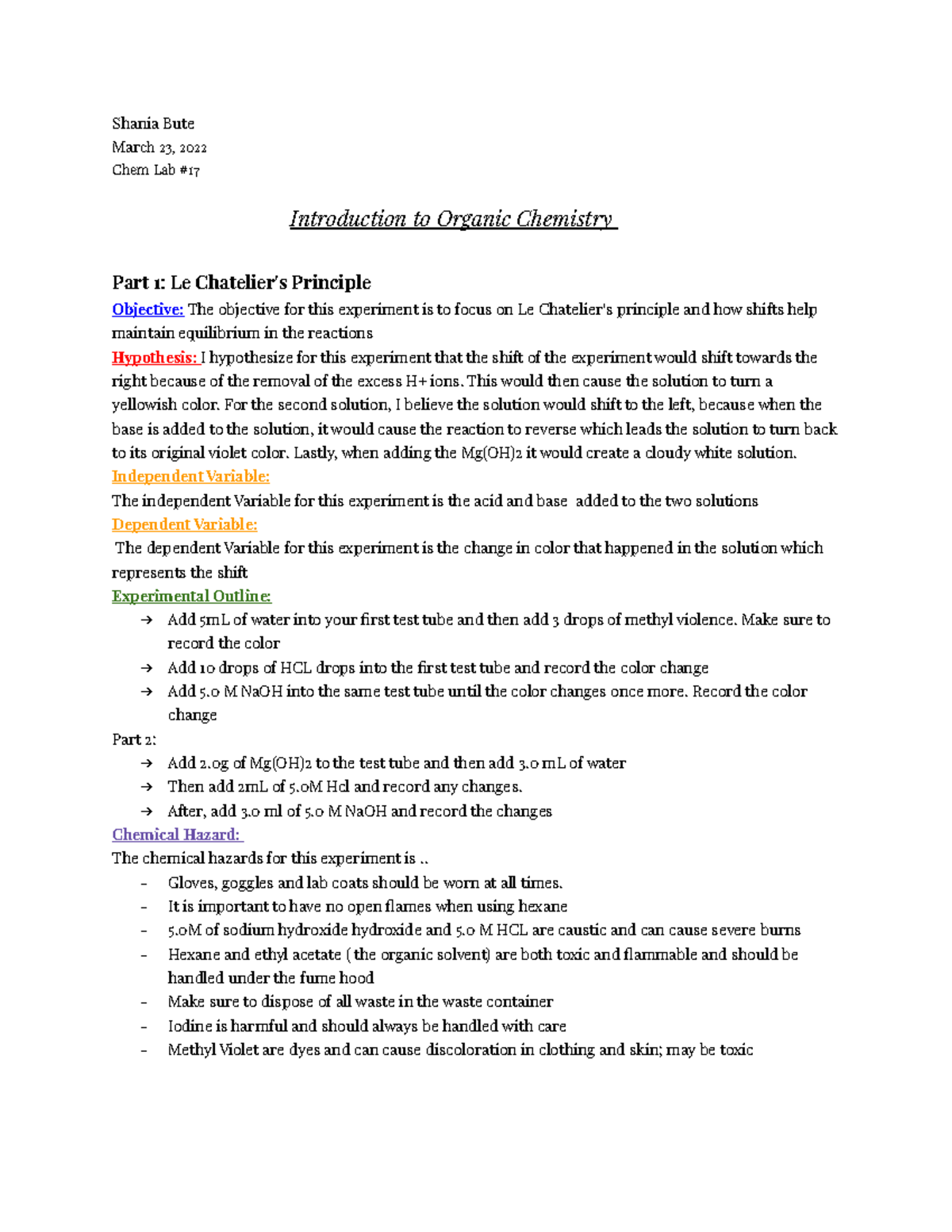 Chem Lab: Introduction to Organic Chemistry - Shania Bute March 23 ...