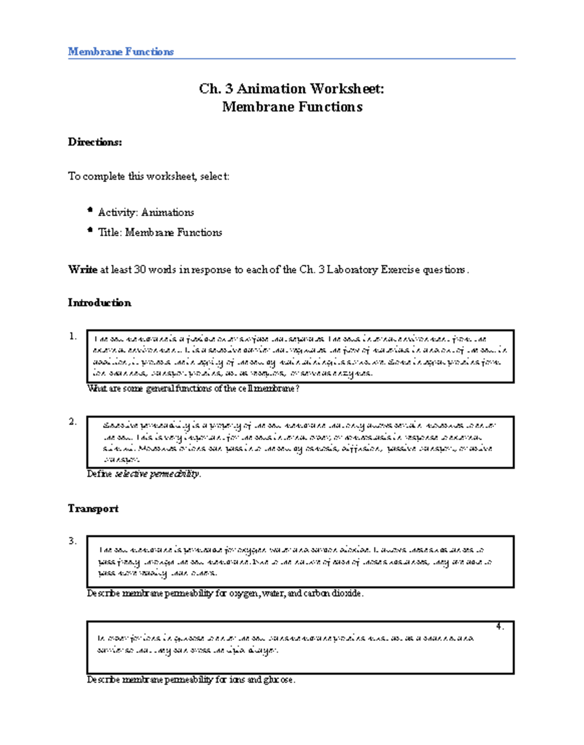 Bio290 r2 ch - Lab questions for chapter 2 - Membrane Functions Ch. 3 ...