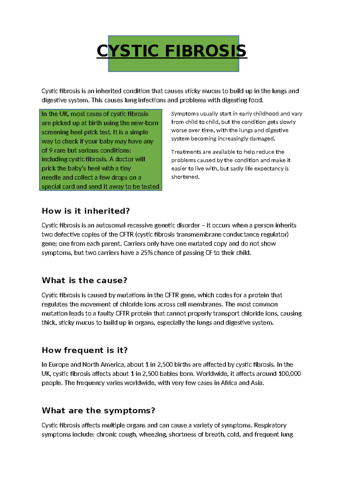 Cystic Fibrosis - biology - CYSTIC FIBROSIS Cystic fibrosis is an ...