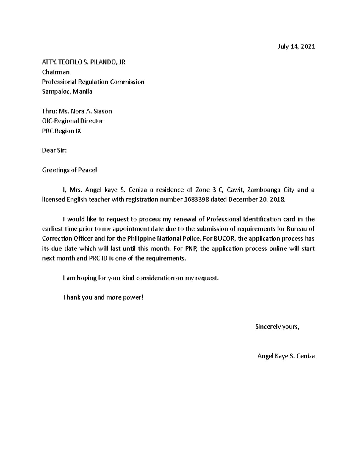 PRC Request Letter Lecture Notes 12356 July 14 2021 ATTY TEOFILO