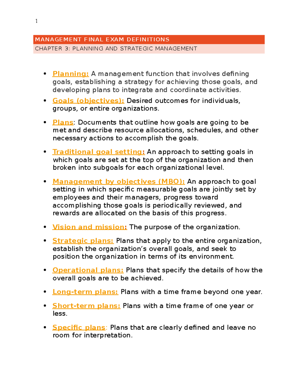 Management Final Exam Definitions - MANAGEMENT FINAL EXAM DEFINITIONS ...