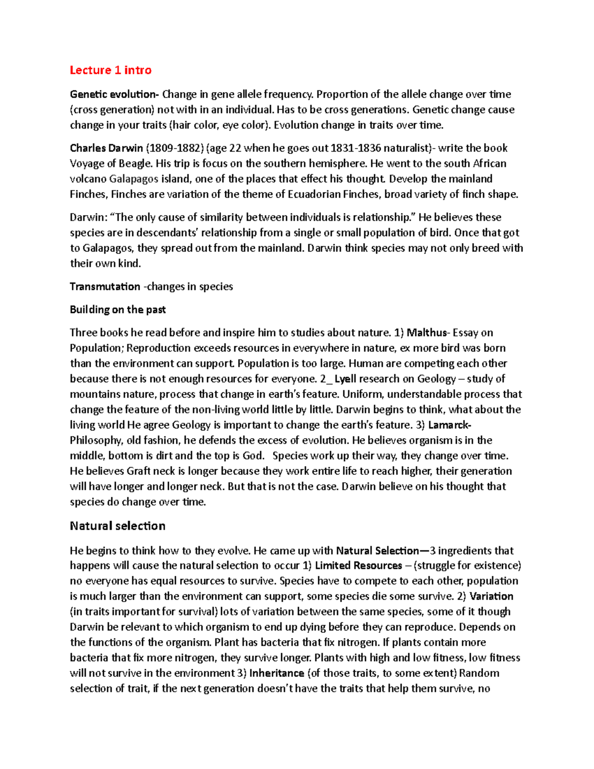 Exam 1 NOTE - Lecture notes 1-5 - Lecture 1 intro Genetic evolution ...