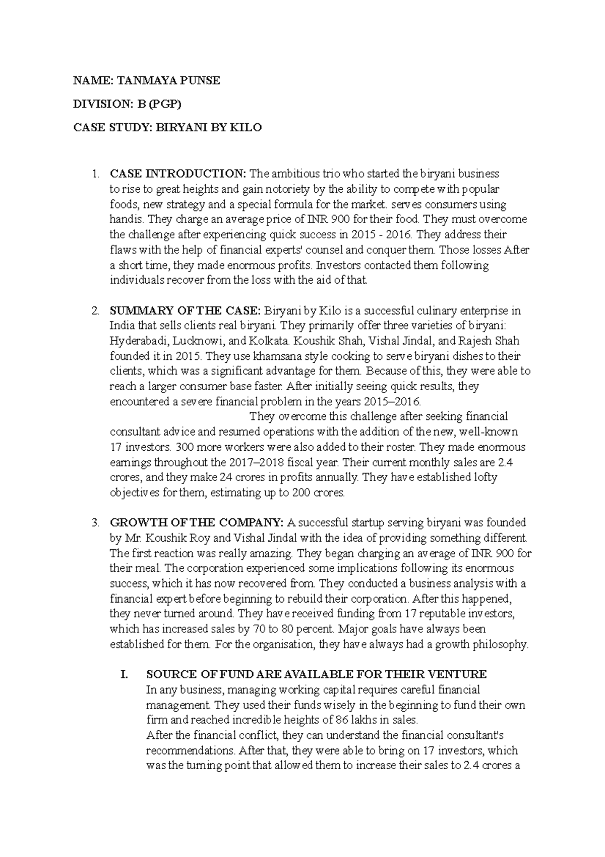 Biryani BY KILO - NAME: TANMAYA PUNSE DIVISION: B (PGP) CASE STUDY ...