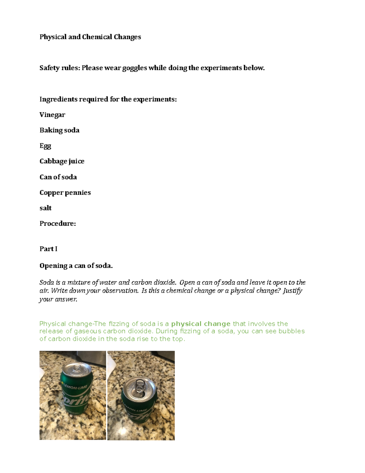 Physical and Chemical Changes home lab - Physical and Chemical Changes ...