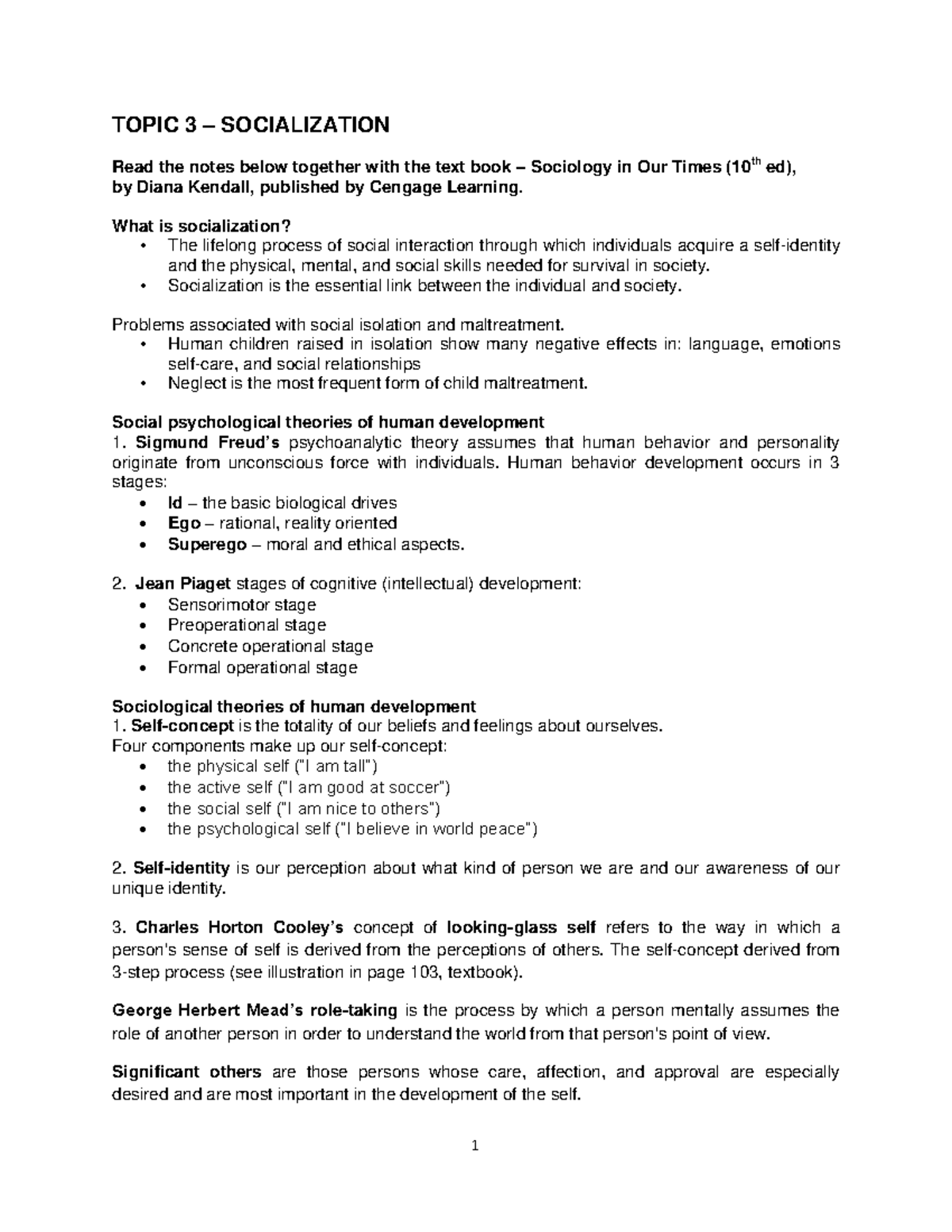 Sociology Notes on Socialization 2020 - 1 TOPIC 3 – SOCIALIZATION Read ...