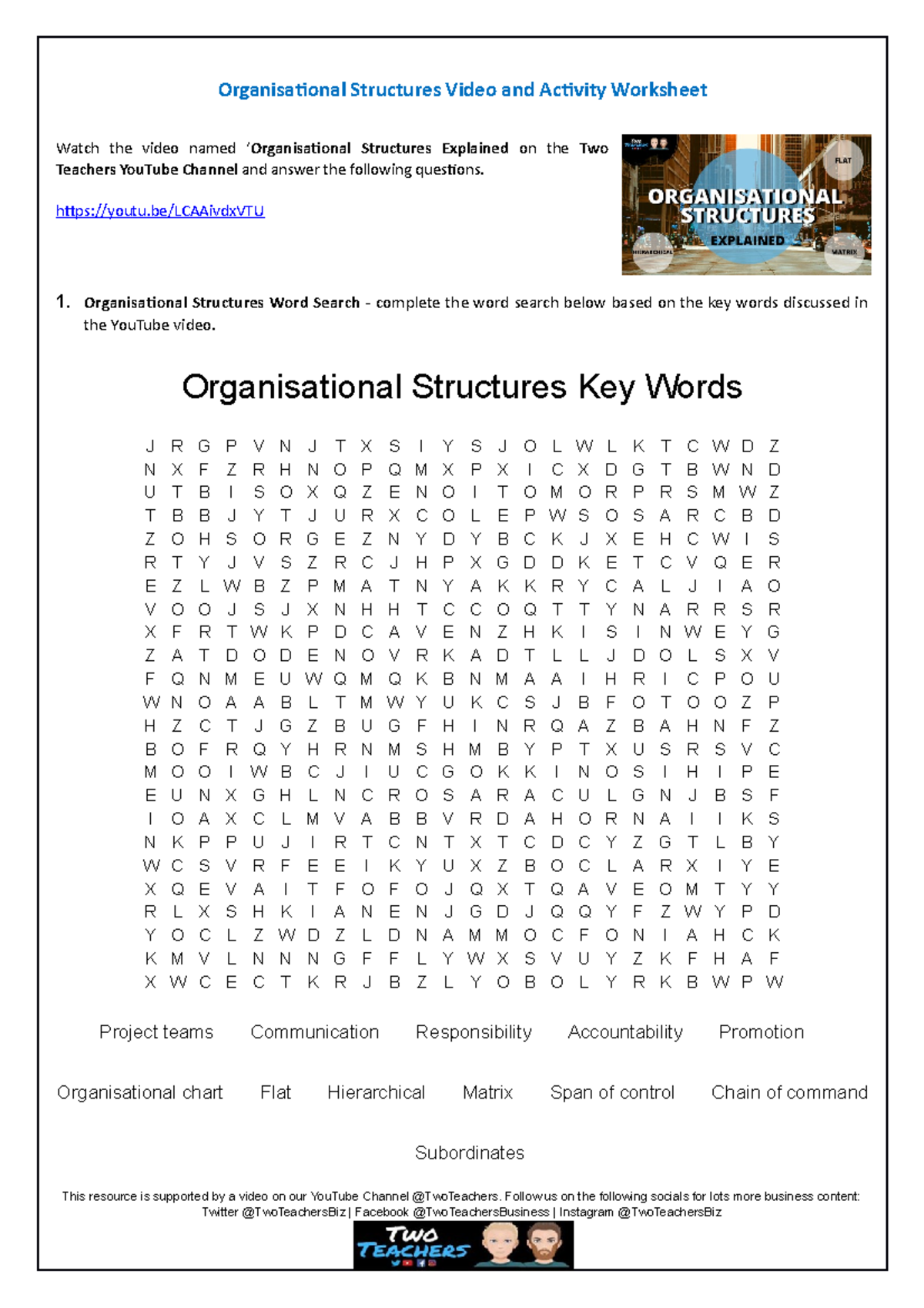 Organisational Structures Worksheet - Organisational Structures Video ...
