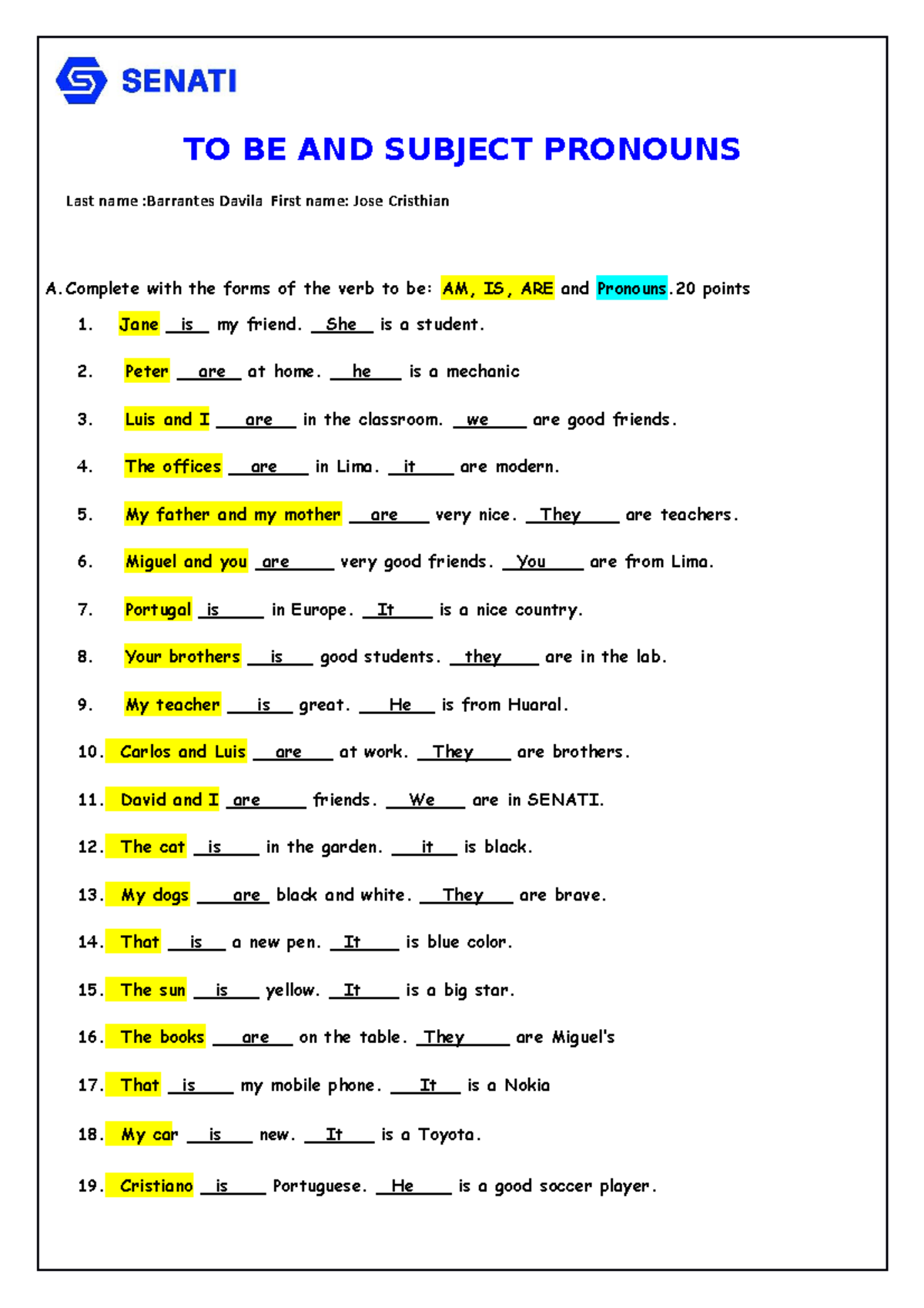 1 - A - Be and pronouns worksheet ingless - TO BE AND SUBJECT PRONOUNS ...