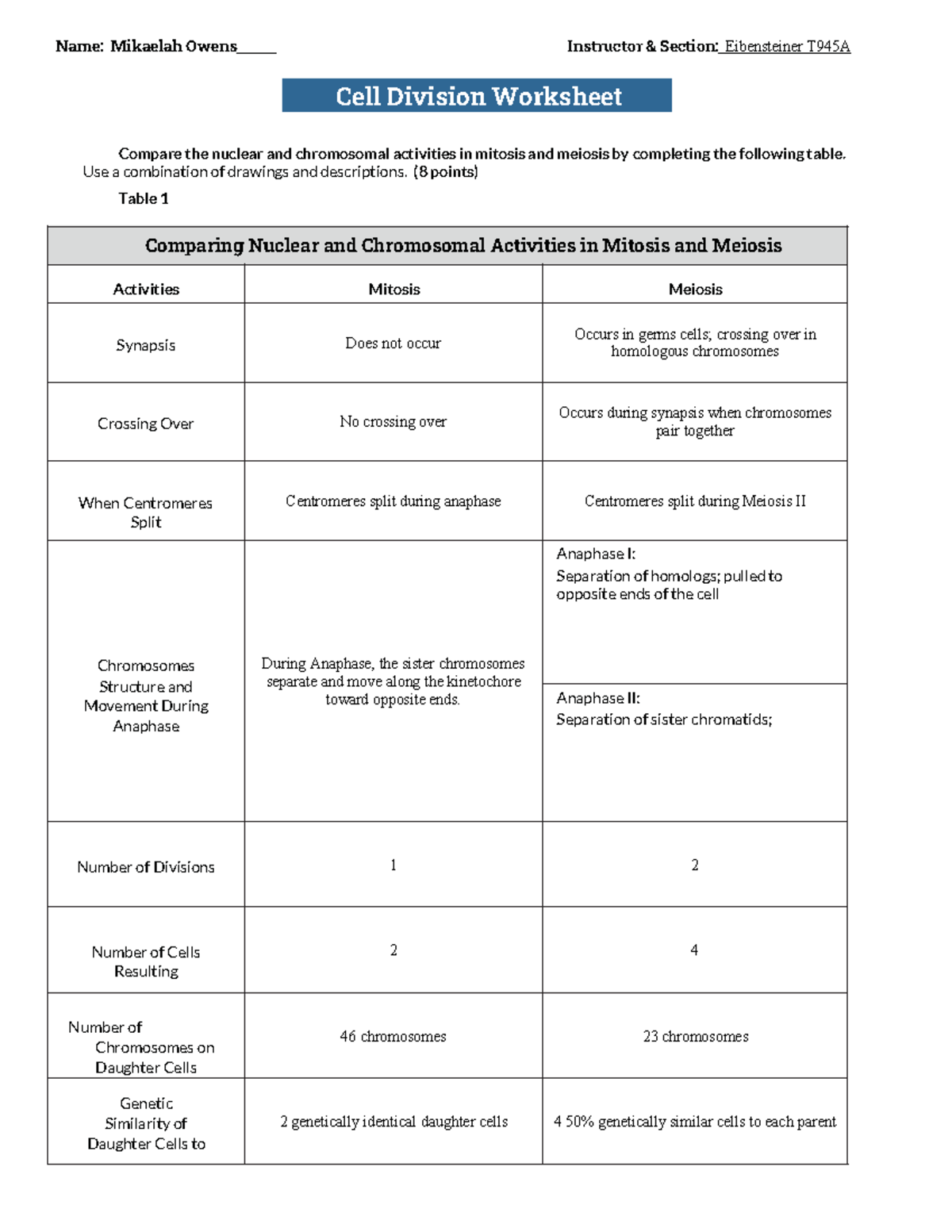 Cell Division Worksheet F23 - Cell Division Worksheet Compare the ...