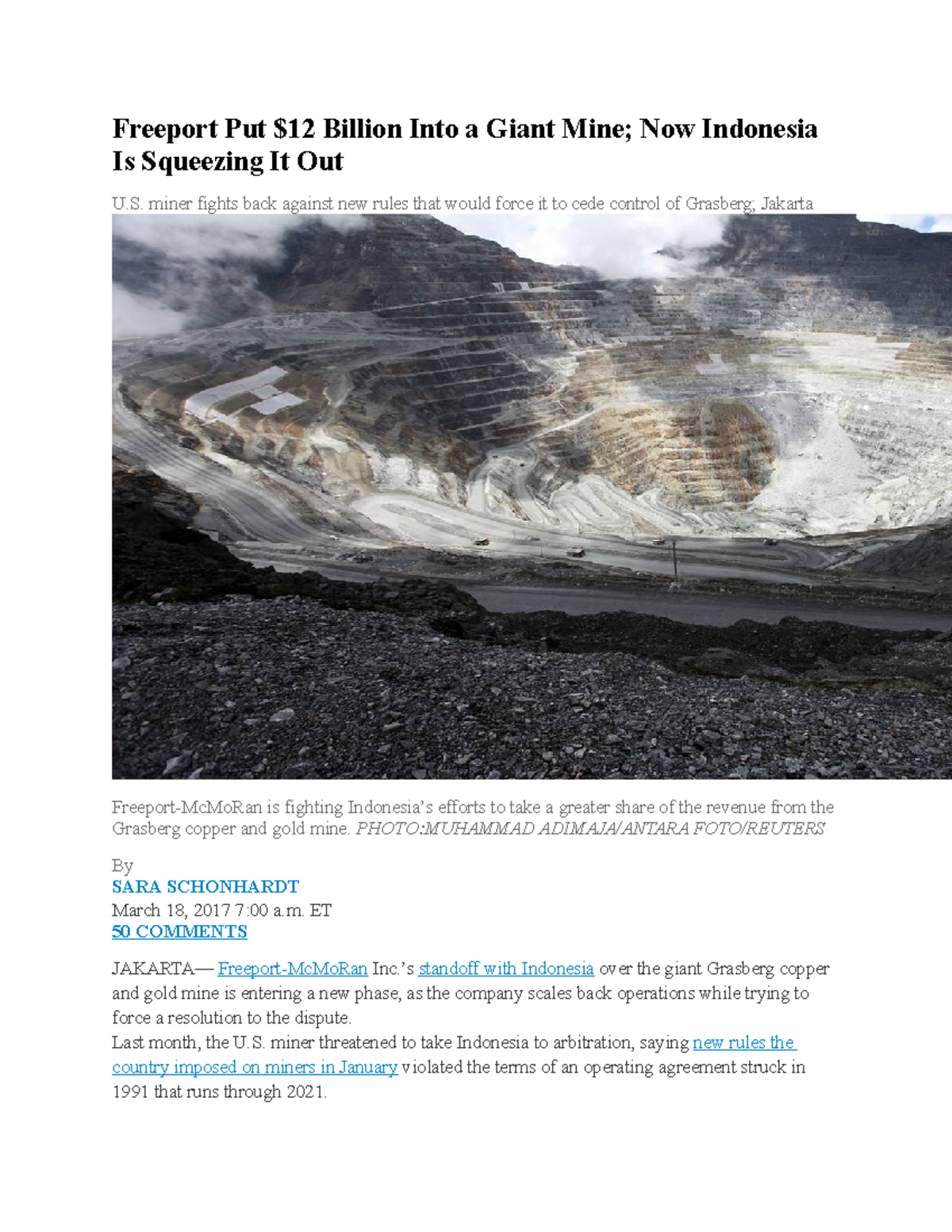Freeport - Indonesia - Freeport Put $12 Billion Into a Giant Mine; Now ...