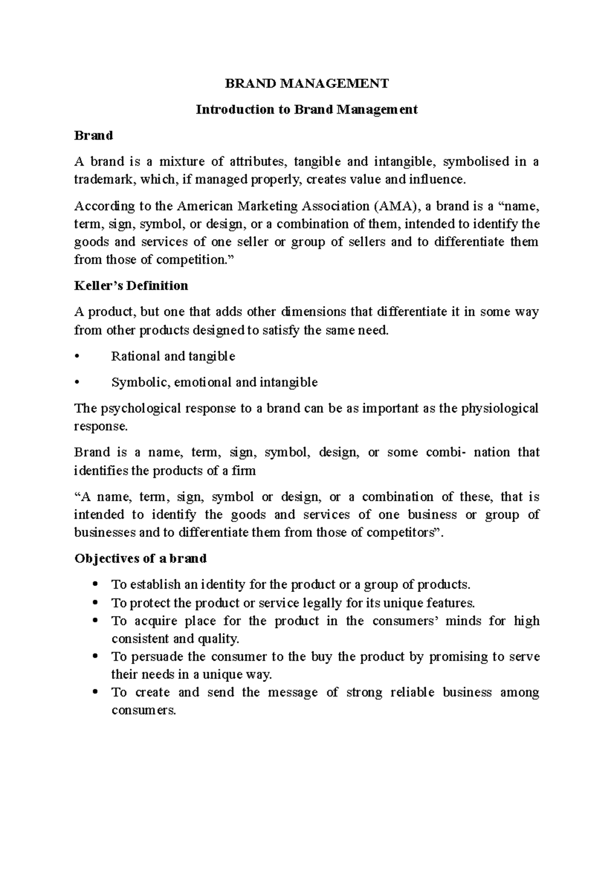 BM Unit 1,2 - Notes - BRAND MANAGEMENT Introduction to Brand Management ...