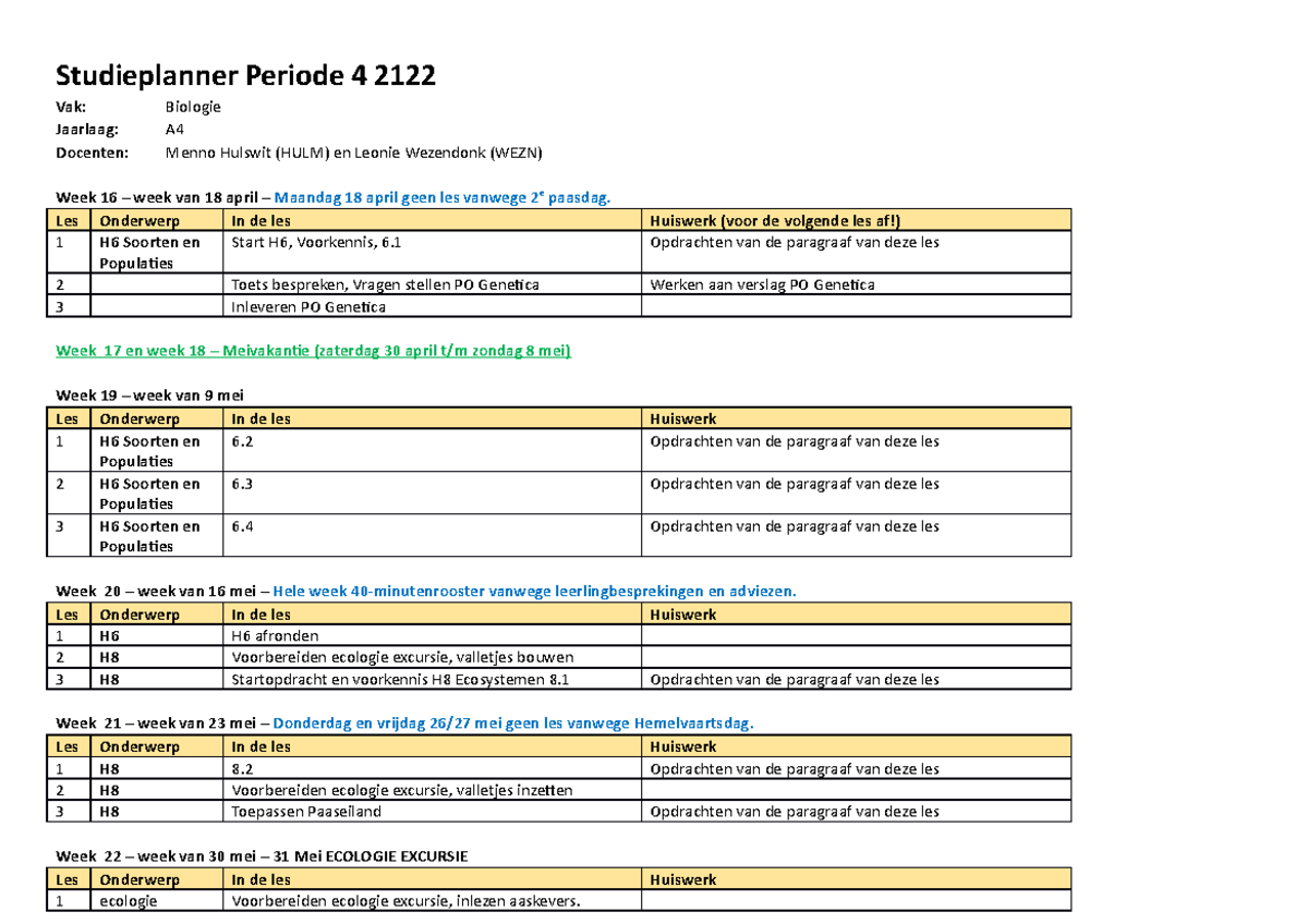 2122 V4 Studieplanner periode 4 - Studieplanner Periode 4 2122 Vak ...