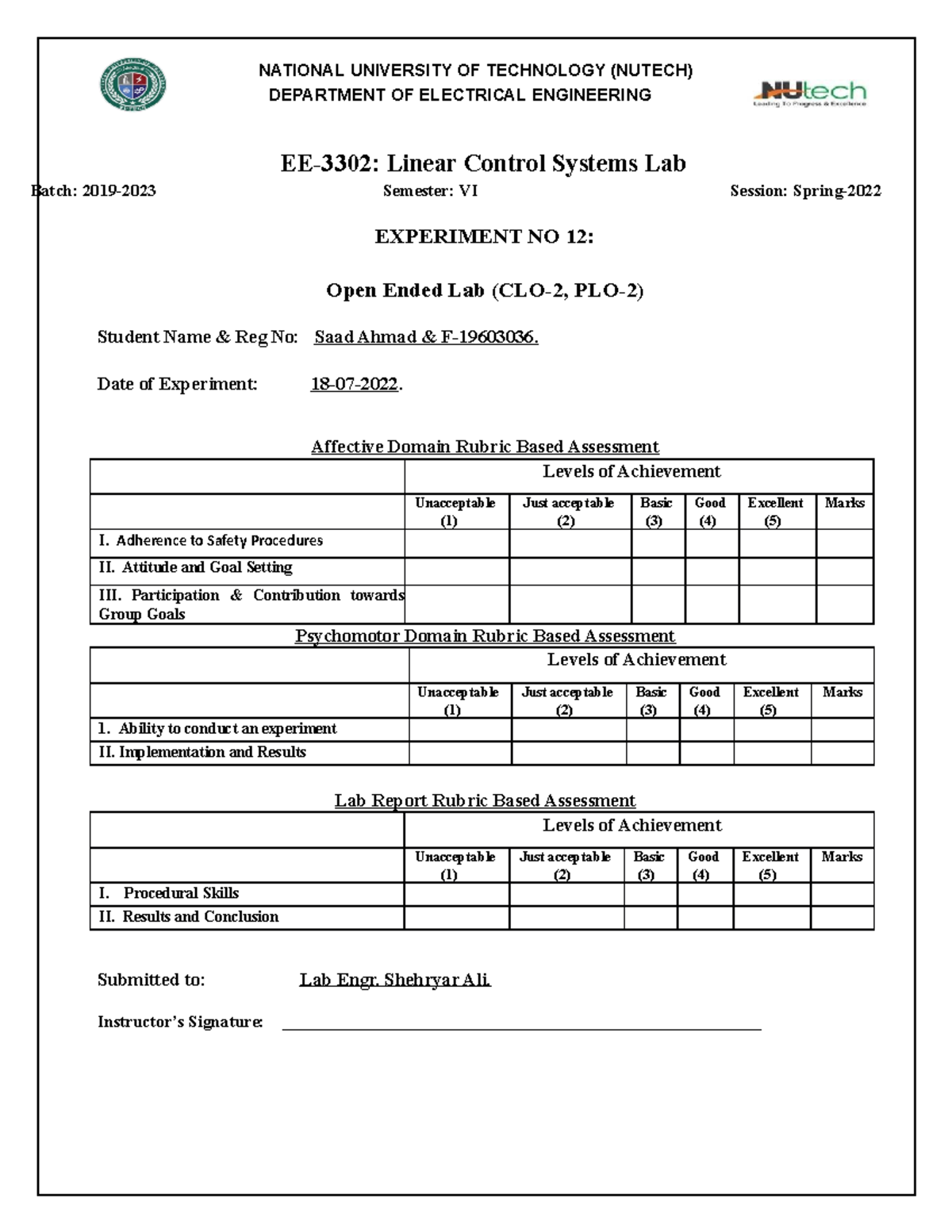 Saad Ahmad LAB 12 OE LCS - It is for Lab and experimental work and it very helpful for Linear ...