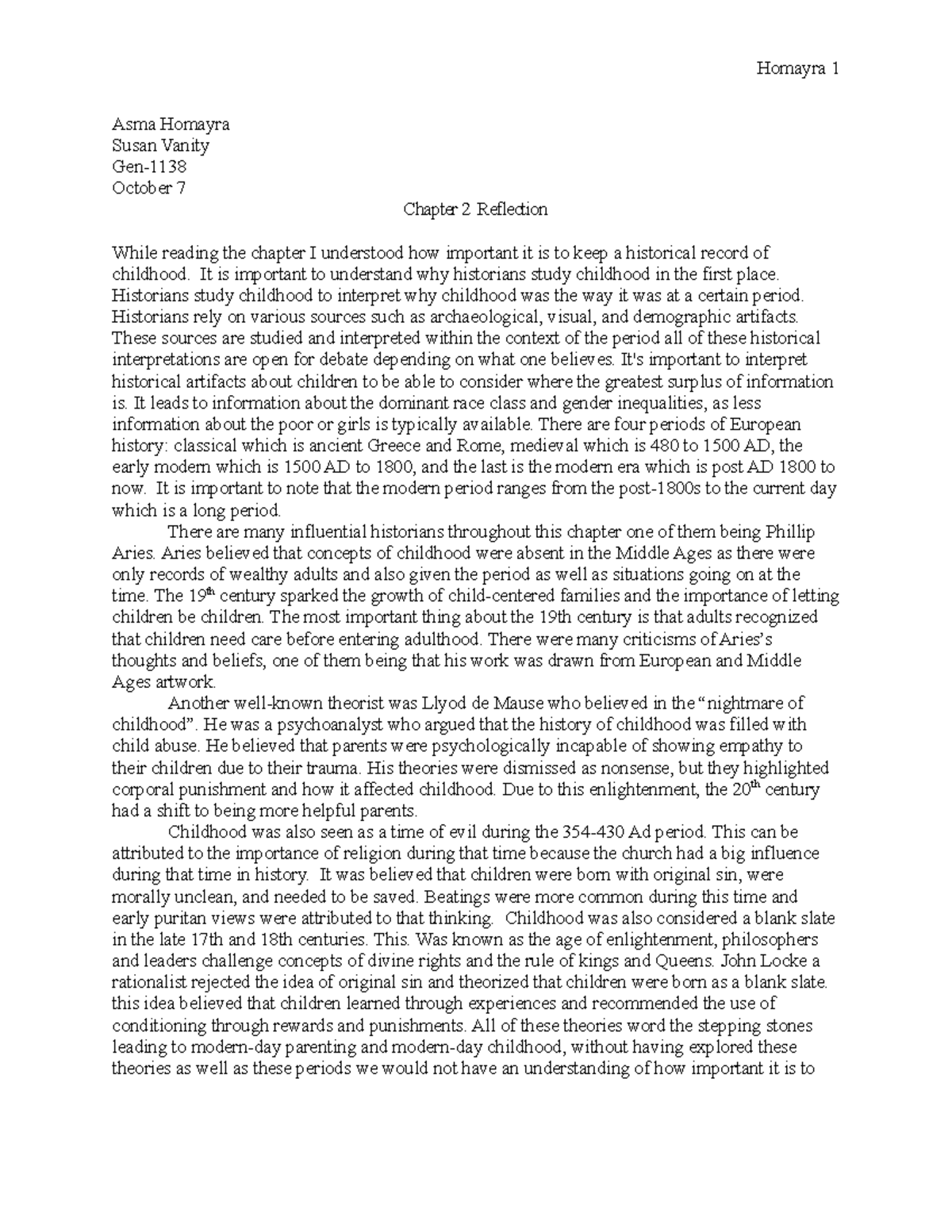 Chapter 2 reflection - Homayra 1 Asma Homayra Susan Vanity Gen- October 7 Chapter 2 Reflection ...