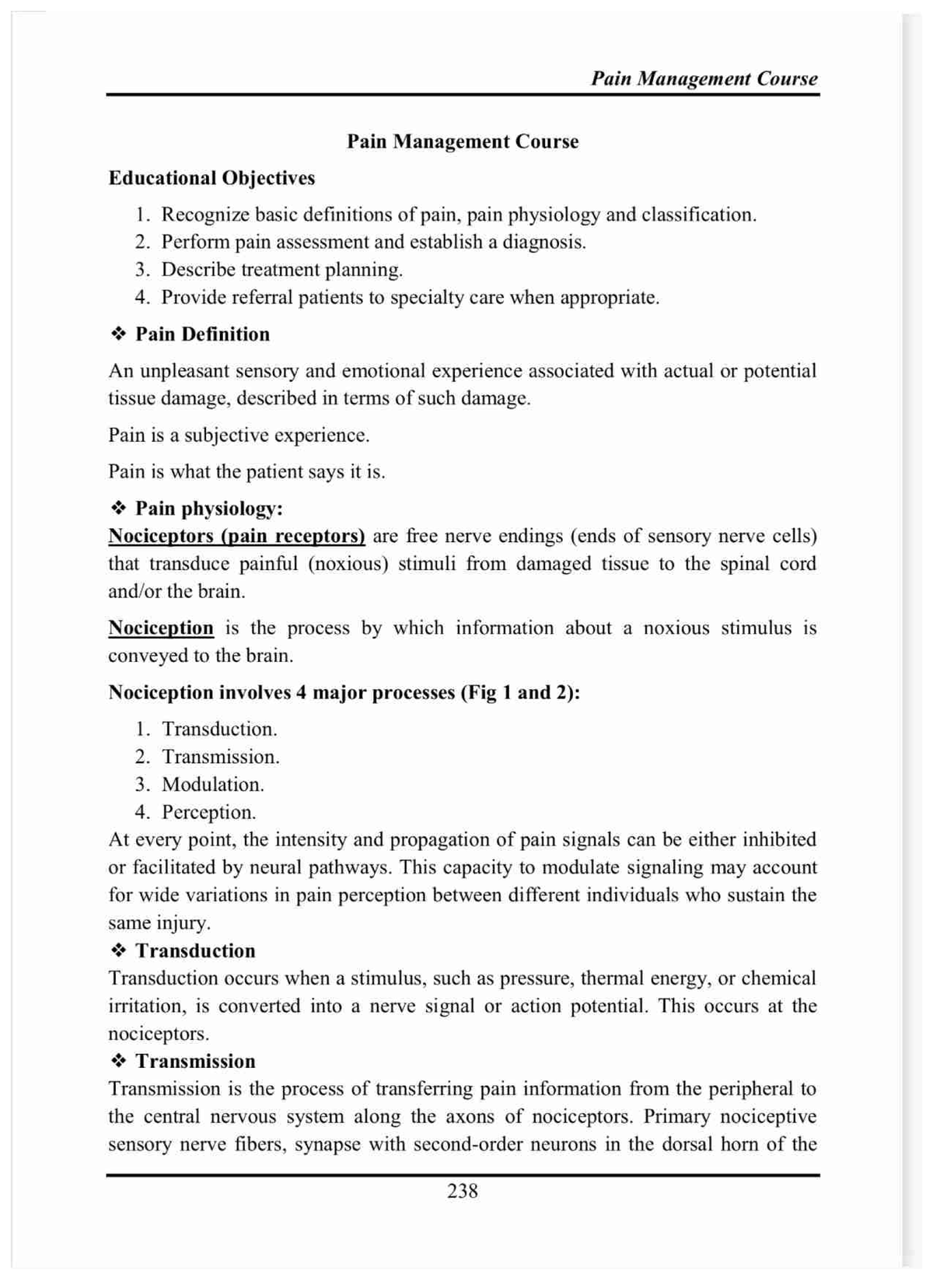 Pain management course - centarl nervous system - Studocu
