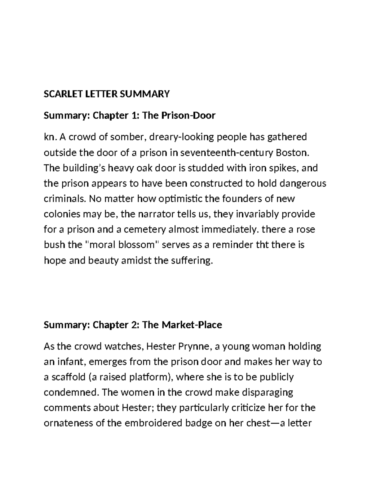 Scarlet- Letter- Summary - SCARLET LETTER SUMMARY Summary: Chapter 1 ...