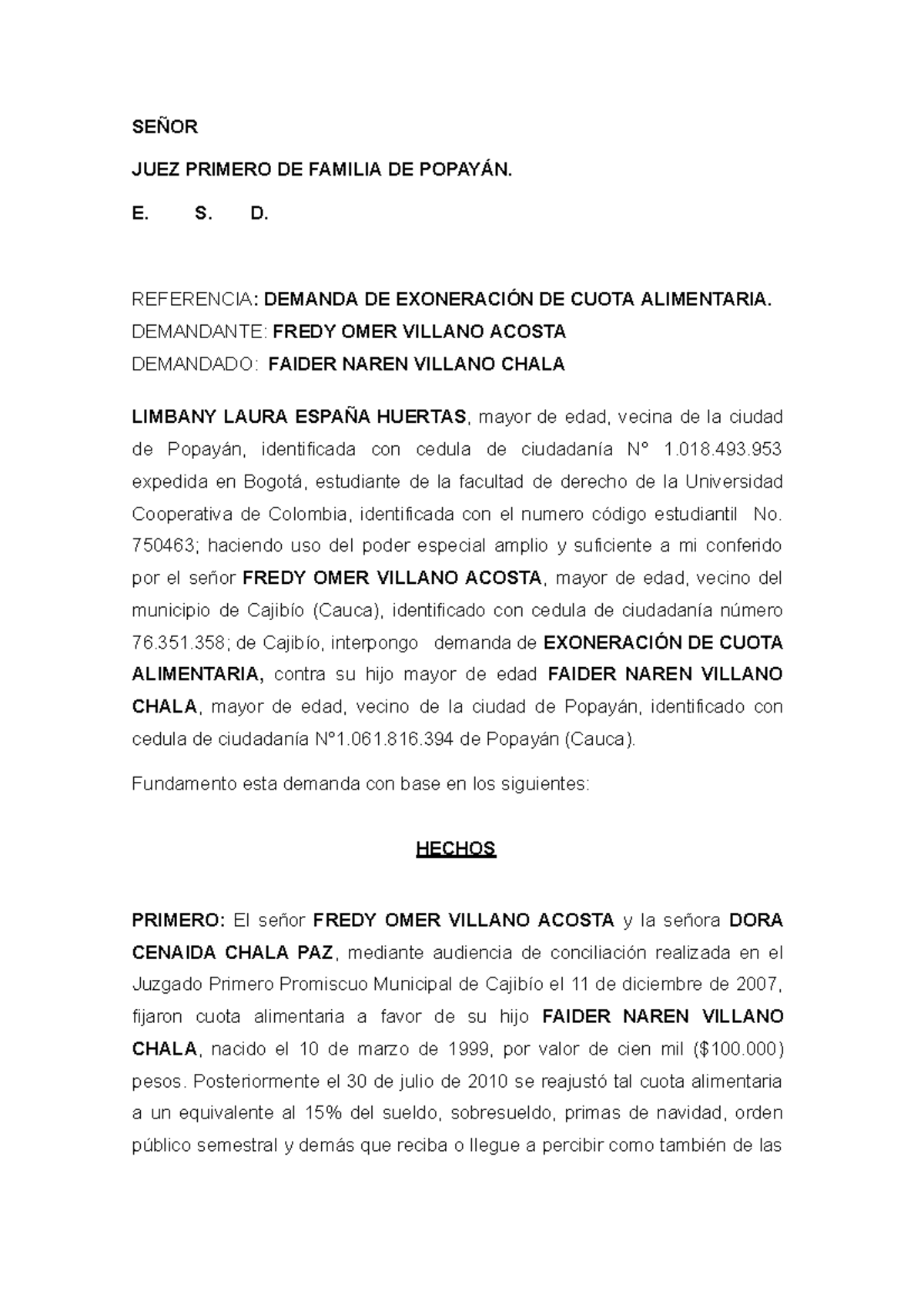 Demanda SR. Fredy Villano CON Interrogatorio DE Parte - SEÑOR JUEZ ...