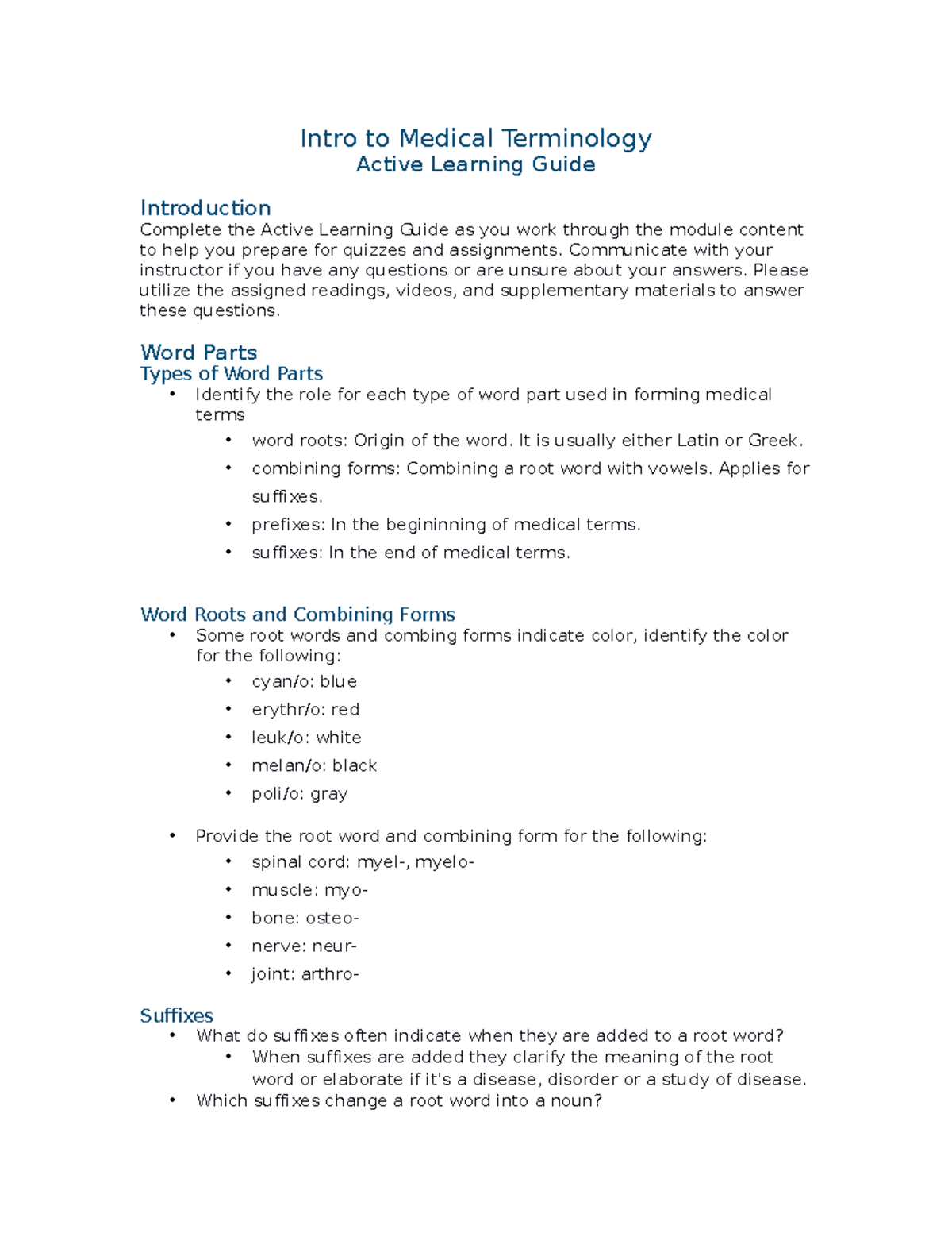 Assignment - Active Learning Guide (Ch. 1 - Introduction to Medical ...