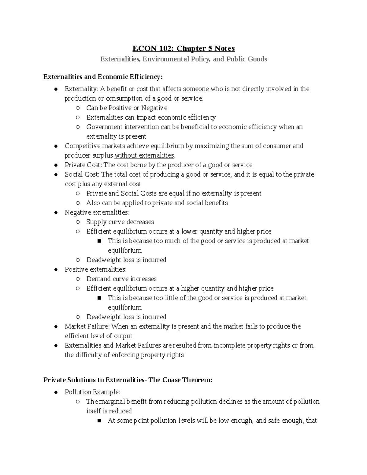 ECON 102 Chapter 5 Notes - ECON 102: Chapter 5 Notes Externalities ...