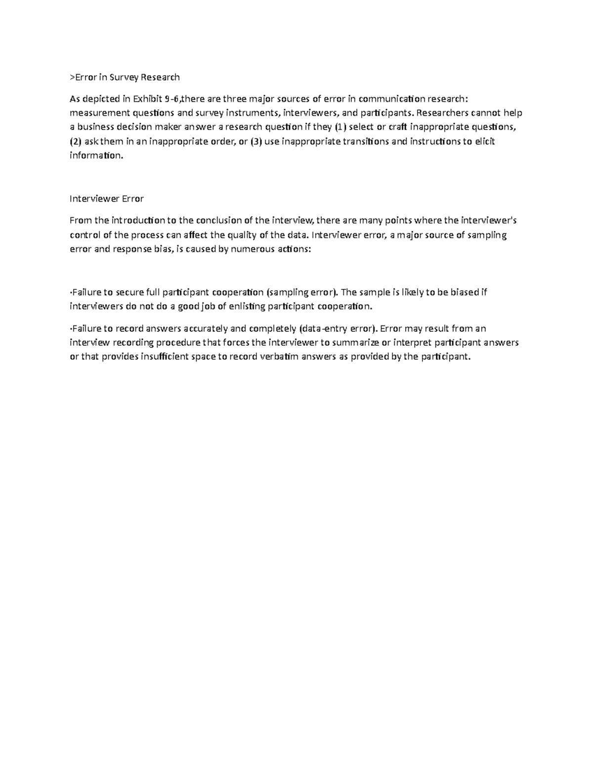 Chapter 9 Business Research - >Error in Survey Research As depicted in ...