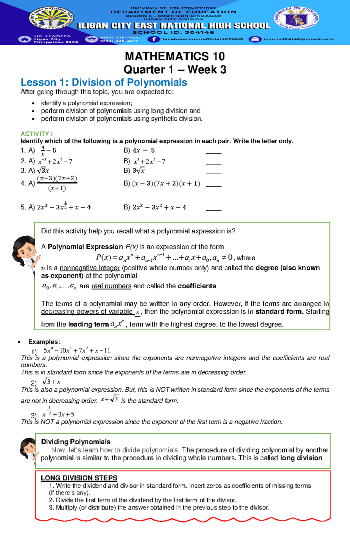 Math10 SLA Q1 W3 - Math - MATHEMATICS 10 Quarter 1 – Week 3 Lesson 1 ...