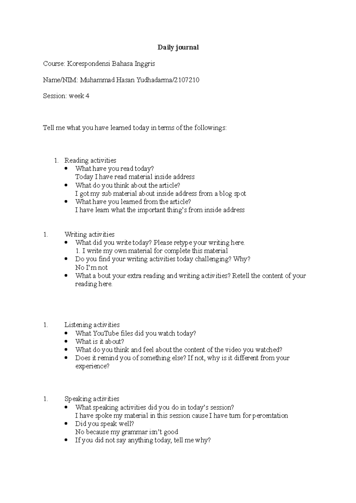 Daily journal at English Course to reflect student's understanding ...