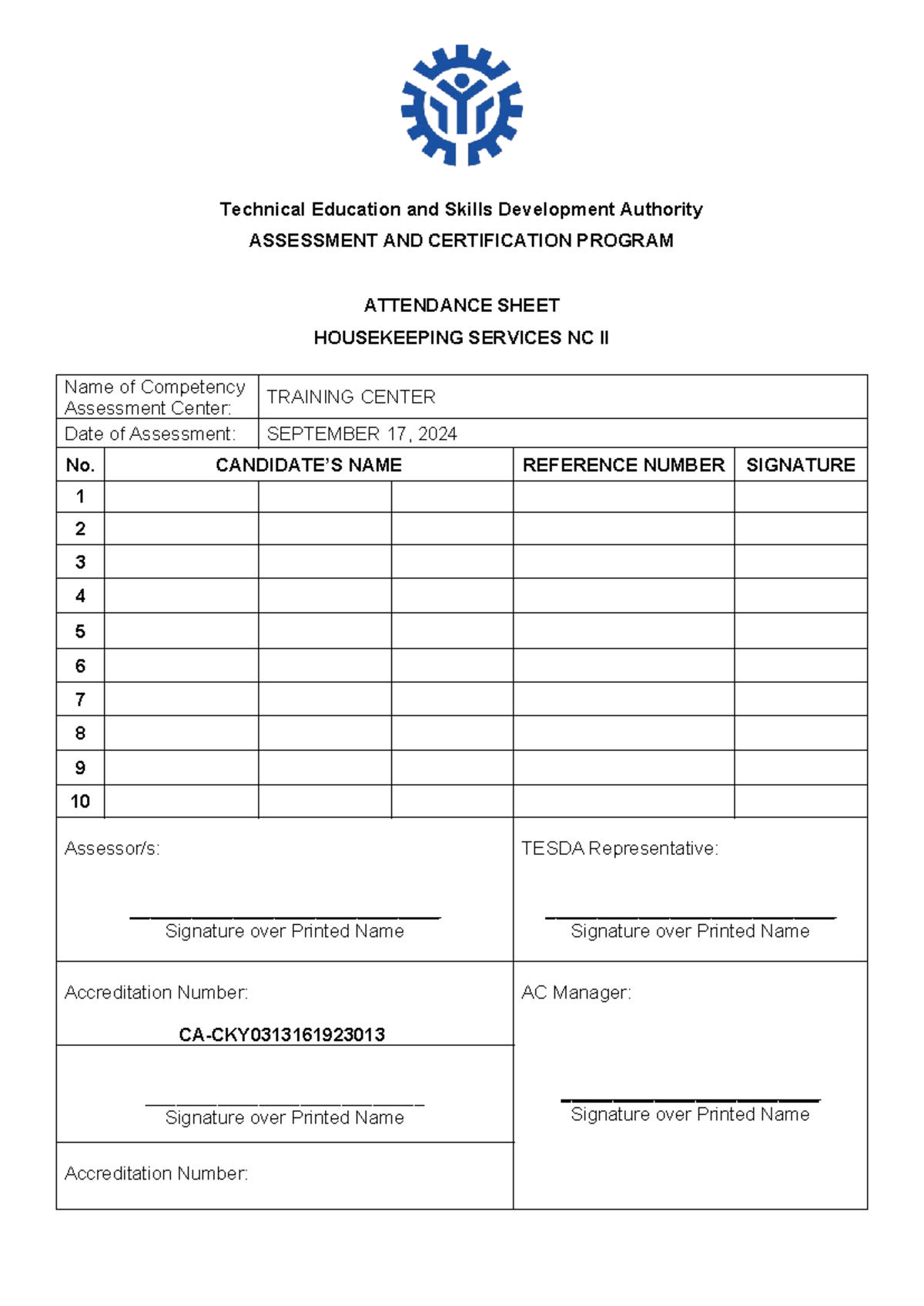 Attendance-FORM - Attendance Form - Technical Education and Skills ...