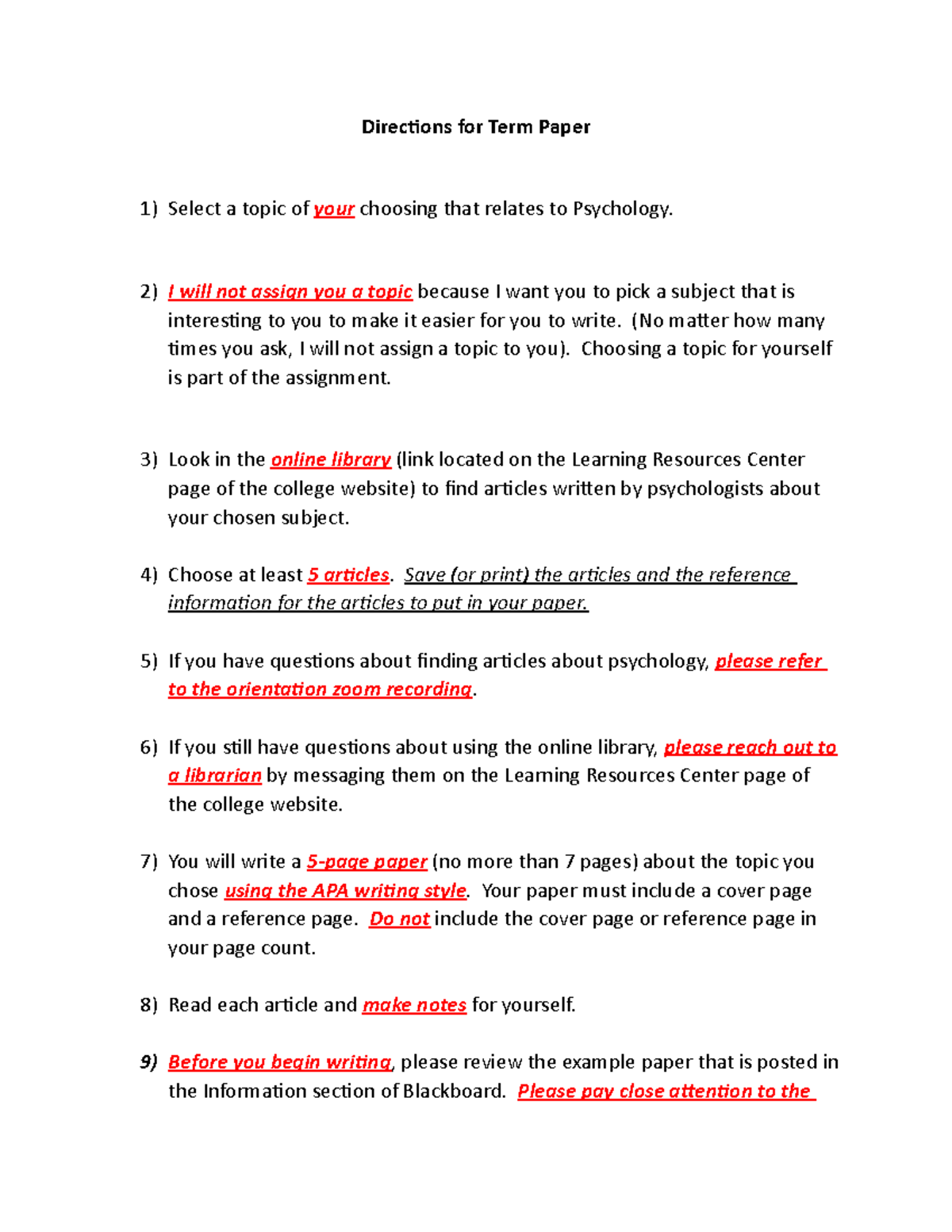 Directions for Term Paper - Directions for Term Paper Select a topic of ...