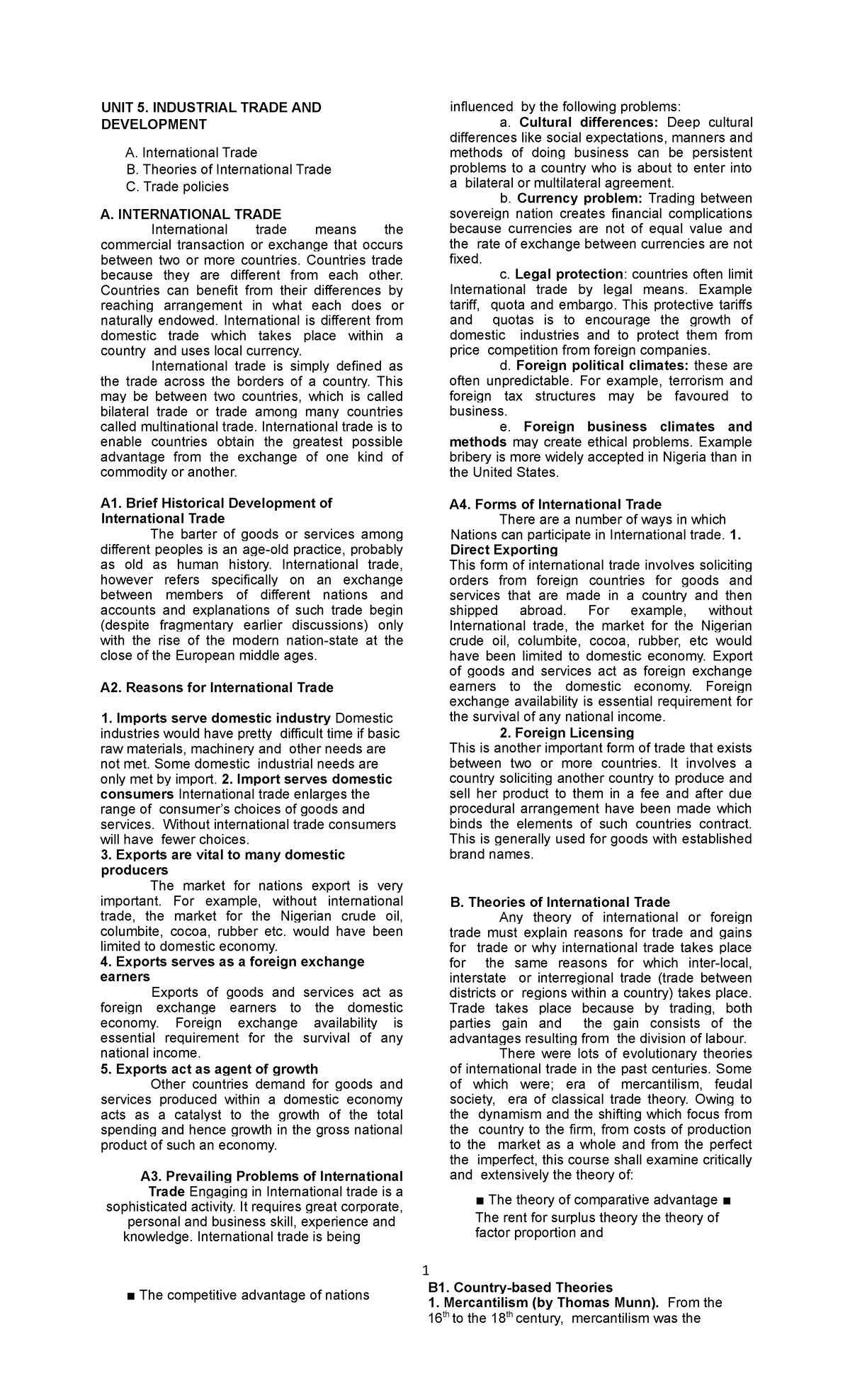 UNIT 5 Trade DEVT - economic dev - UNIT 5. INDUSTRIAL TRADE AND ...