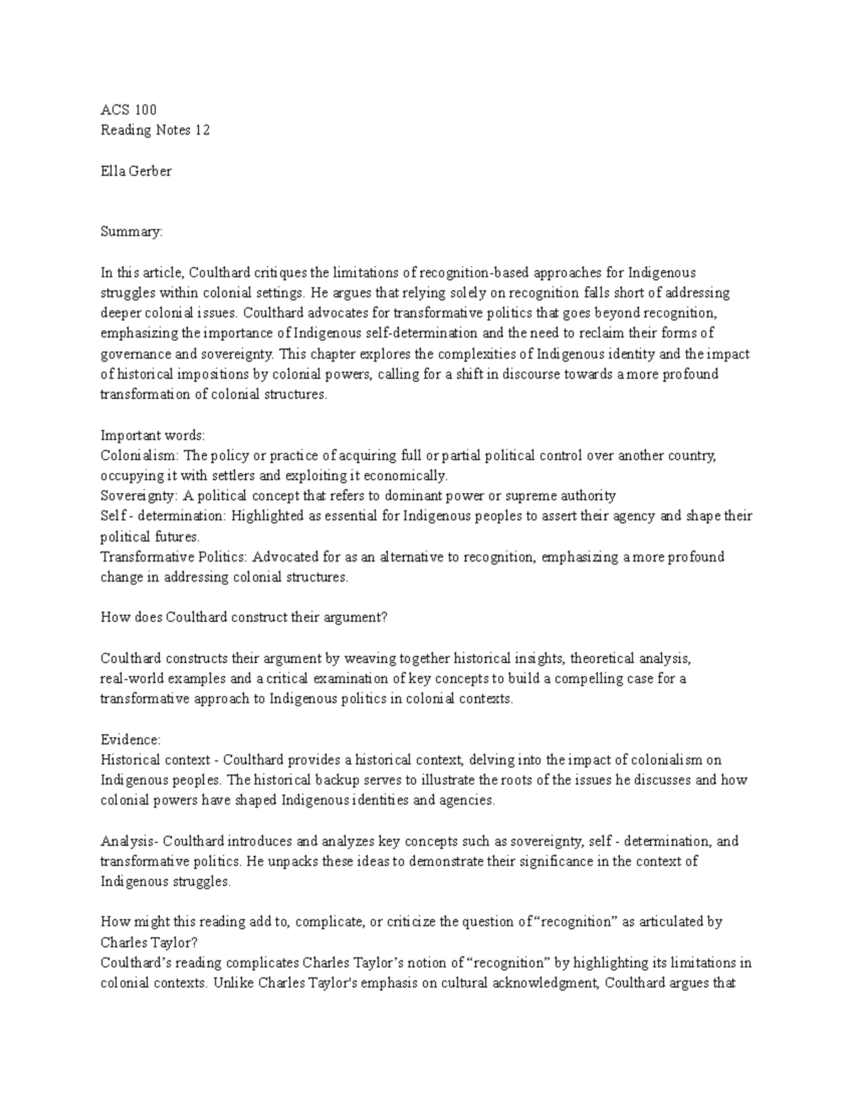 Reading Notes 12 - ACS 100 Reading Notes 12 Ella Gerber Summary: In ...