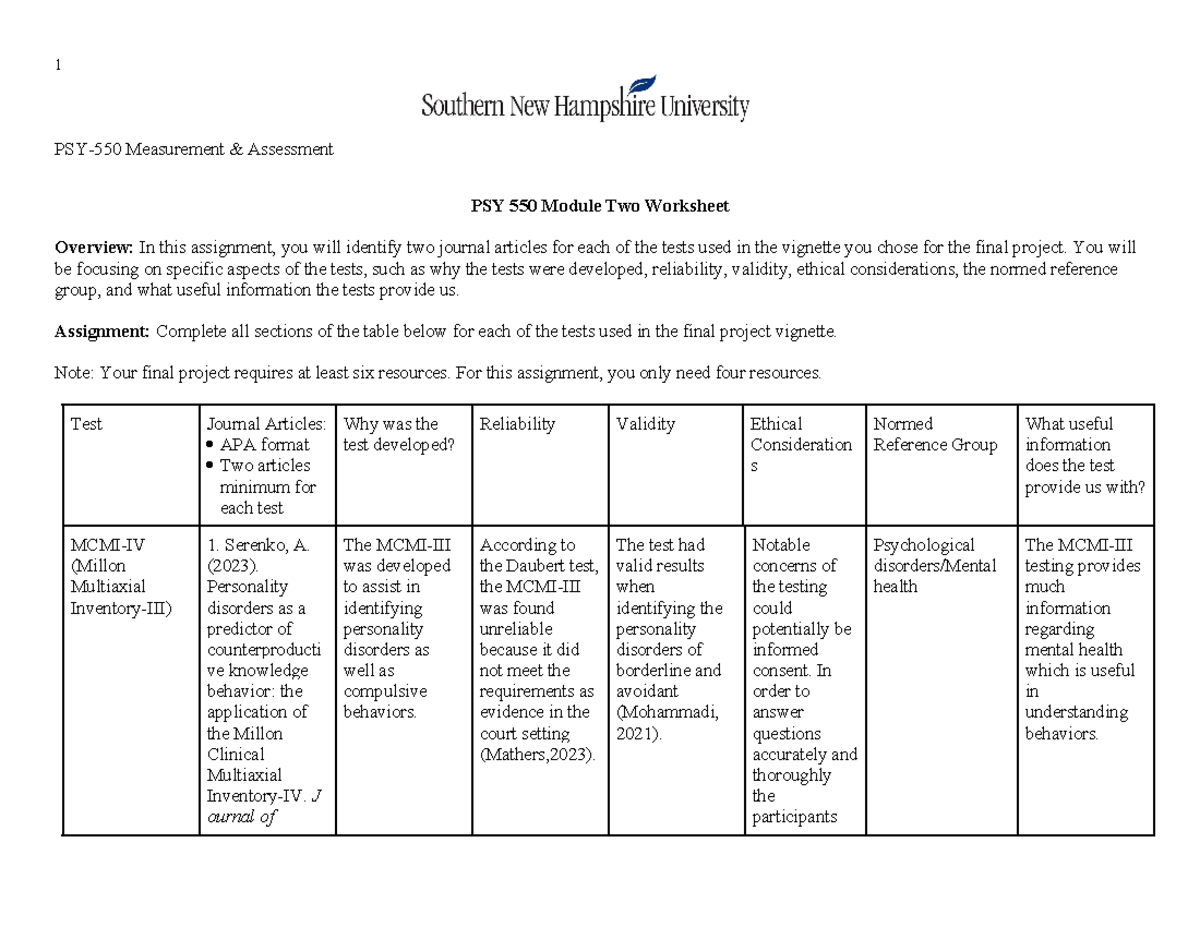 PSY 550 Module Two Worksheet - PSY-550 Measurement & Assessment PSY 550 ...
