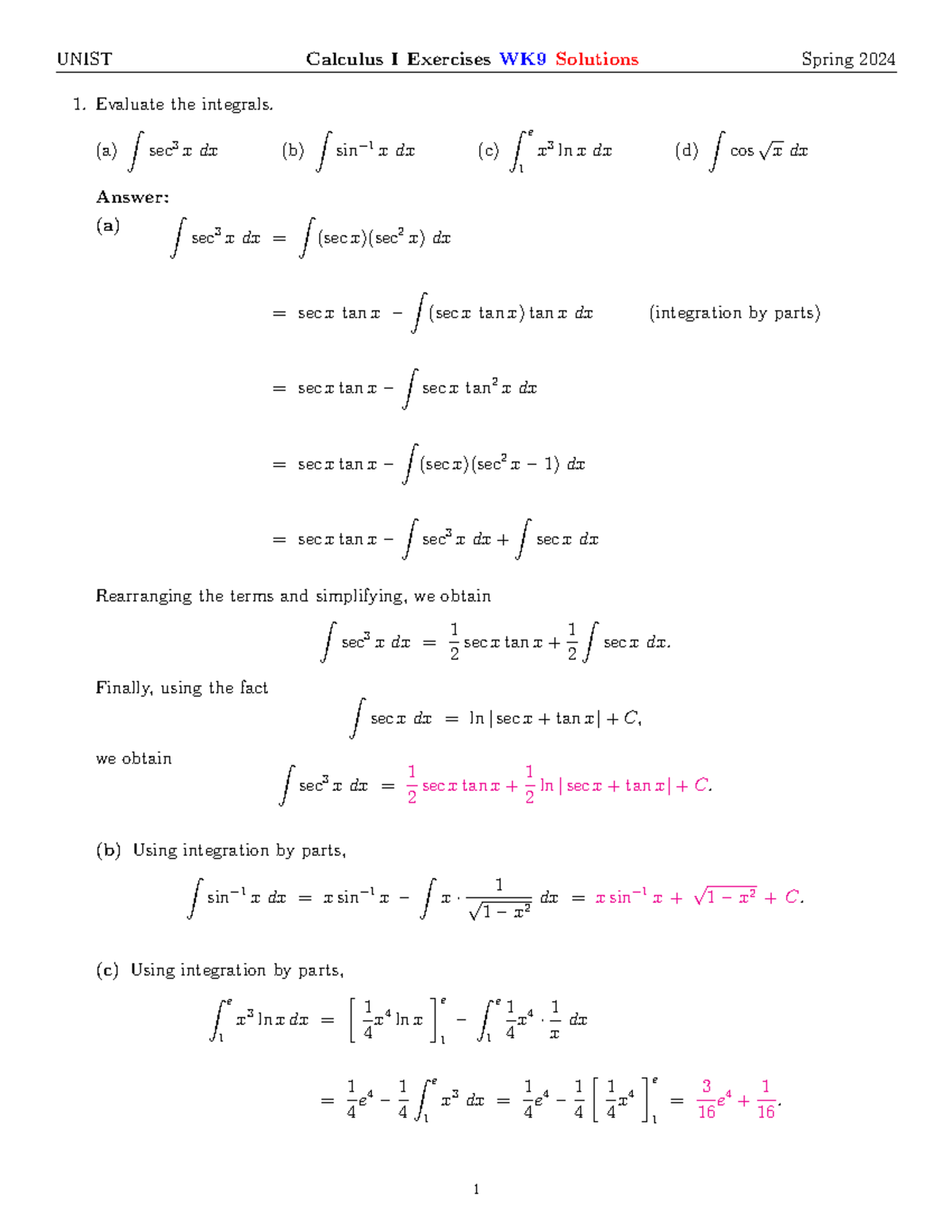 Exer wk9 sp24 sol - 김형준교수님 1학기 엑사 - UNIST Calculus I Exercises WK9 Solutions Spring 2024 ...