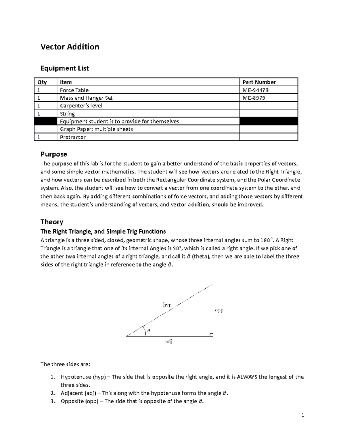 Vector Addition lab Edited 8 - Vector Addition Equipment List Qty Item Part Number 1 Force Table ...
