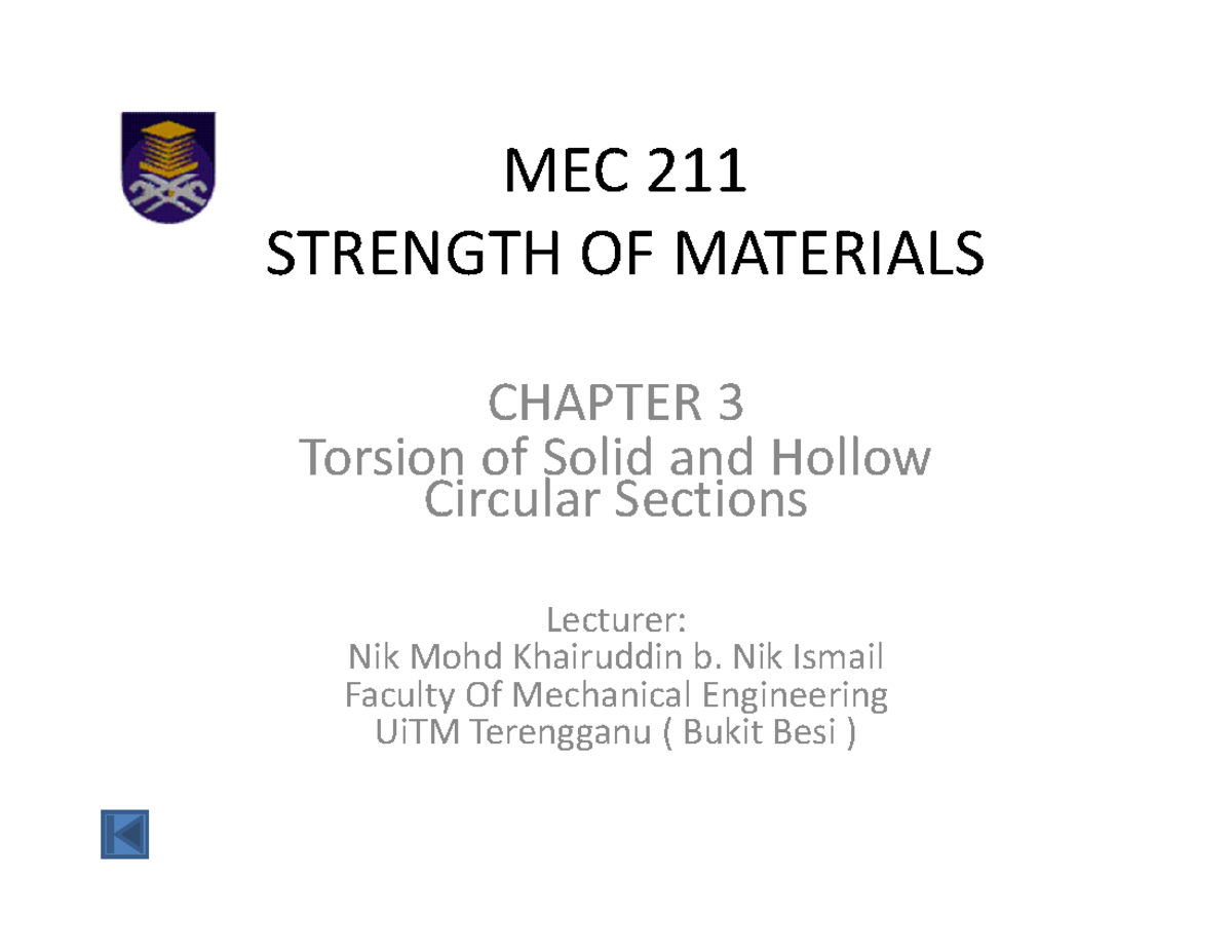 Strength Chap 3 - STRENGTH OF MATERIALS CHAPTER 3 Torsion of Solid and ...