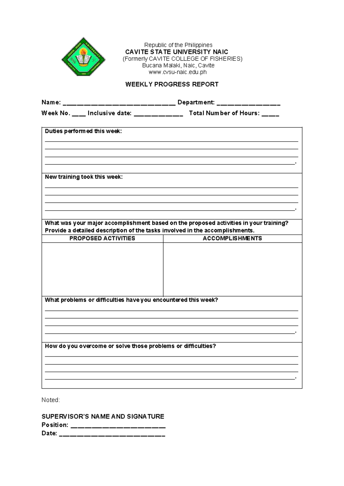 Weekly Progress Report - Republic of the Philippines CAVITE STATE ...
