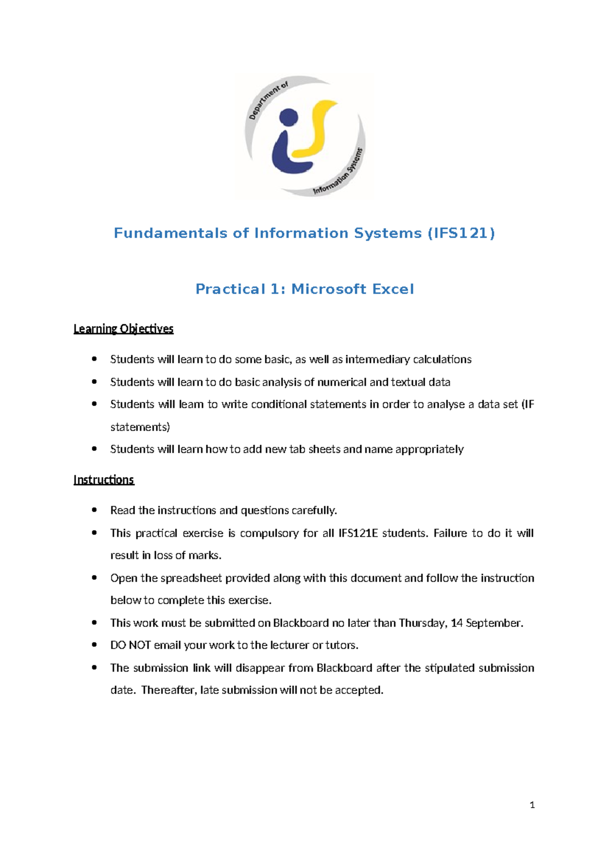 IFS 121 Practical 1 Instructions - 2023 - Fundamentals of Information ...