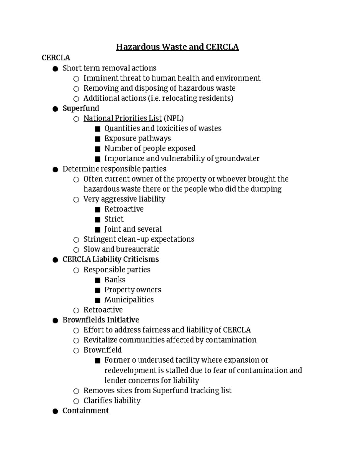4/27 Notes from class - Hazardous Waste and CERCLA CERCLA Short term ...