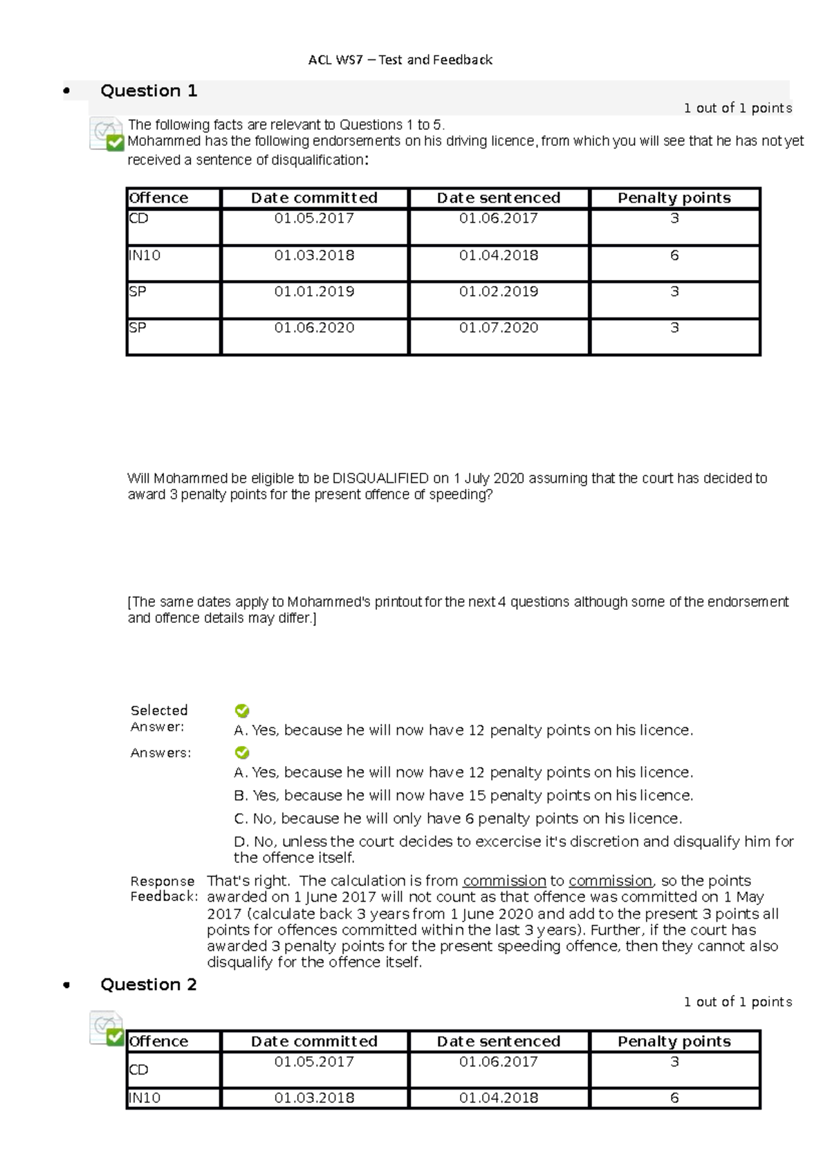 ACL WS7 - Test and Feedback - ACL WS7 – Test and Feedback Question 1 1 ...