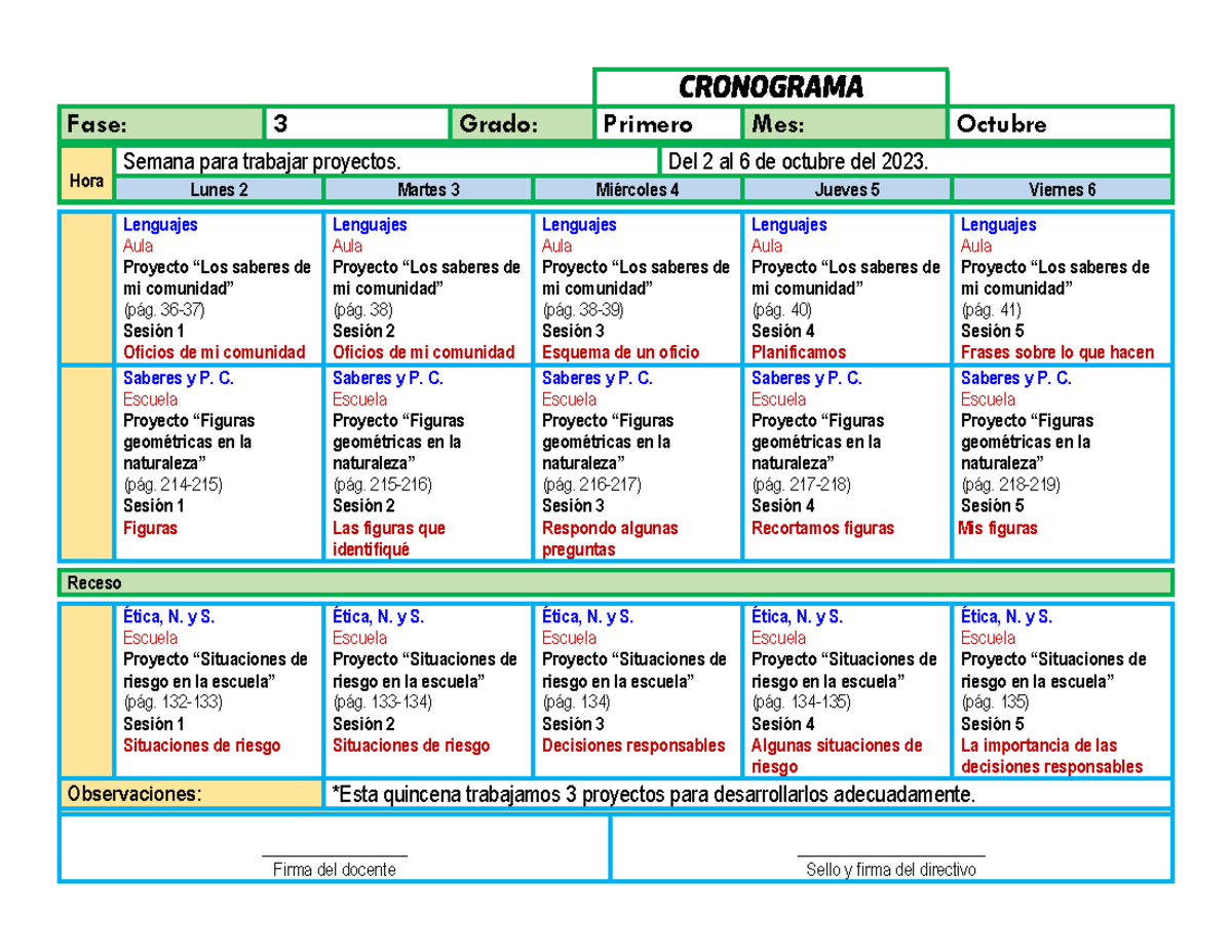 Cronograma - Fase: 3 Grado: Primero Mes: Octubre Hora Semana para ...