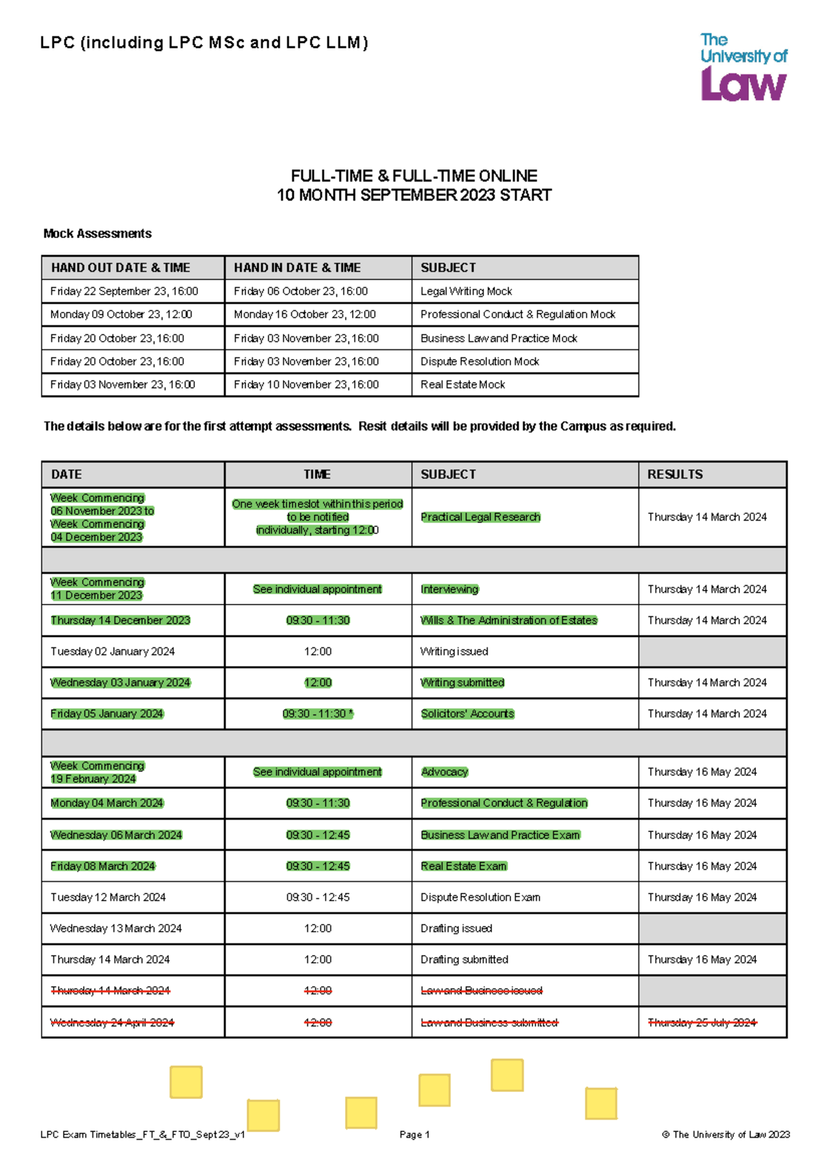LPC Exam Timetables FT & FTO Sept 23 v1 - LPC (including LPC MSc and ...
