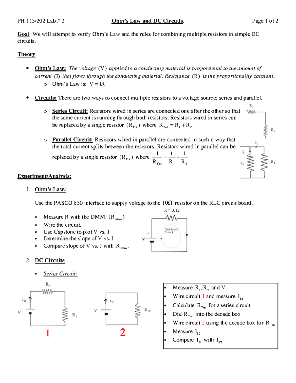 Ohm s Law DC Circuits - Ohm's Law Physics Lab Notes - PH 115/202 Lab ...