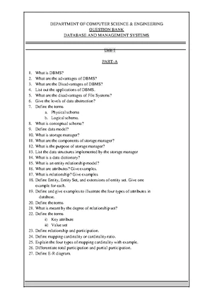 All Unit Important Questions From DBMS - DEPARTMENT OF COMPUTER SCIENCE & ENGINEERING QUESTION ...