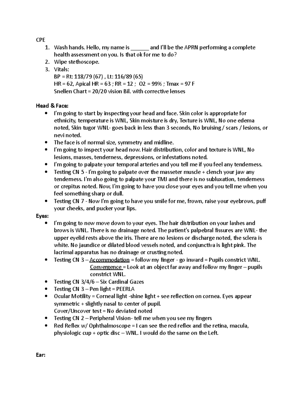 CPE Exam write up - Script for Complete Physical Assessment. - CPE Wash ...