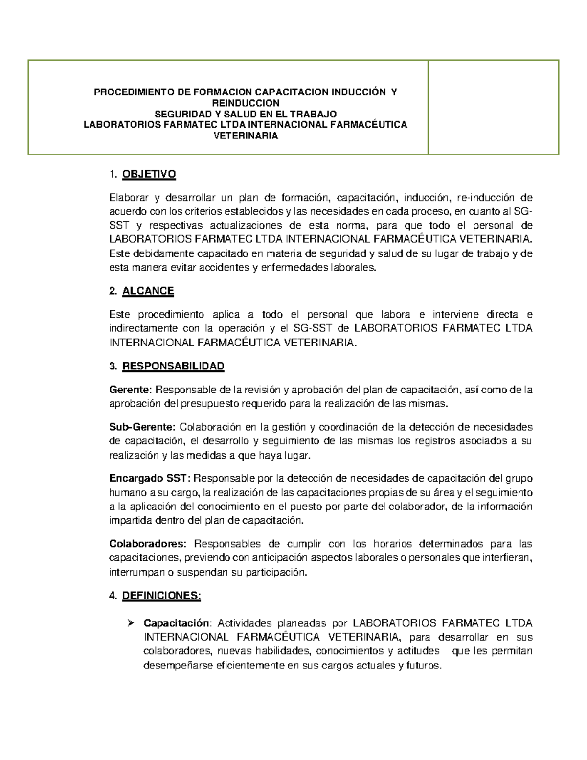 Capacitacion R induccion - PROCEDIMIENTO DE FORMACION CAPACITACION INDUCCIÓN Y REINDUCCION ...